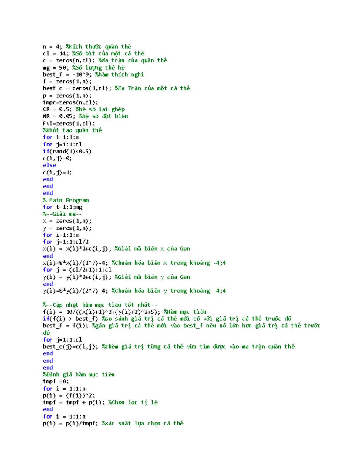 Code mau - code mẫu - n = 4; %Kích thước quần thể cl = 14; %Số bit của ...