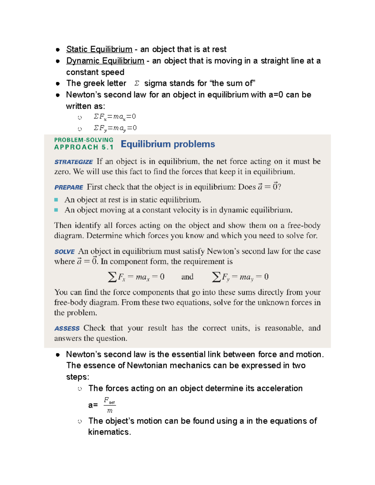 Chapter 5 Notes - Static Equilibrium - an object that is at rest ...