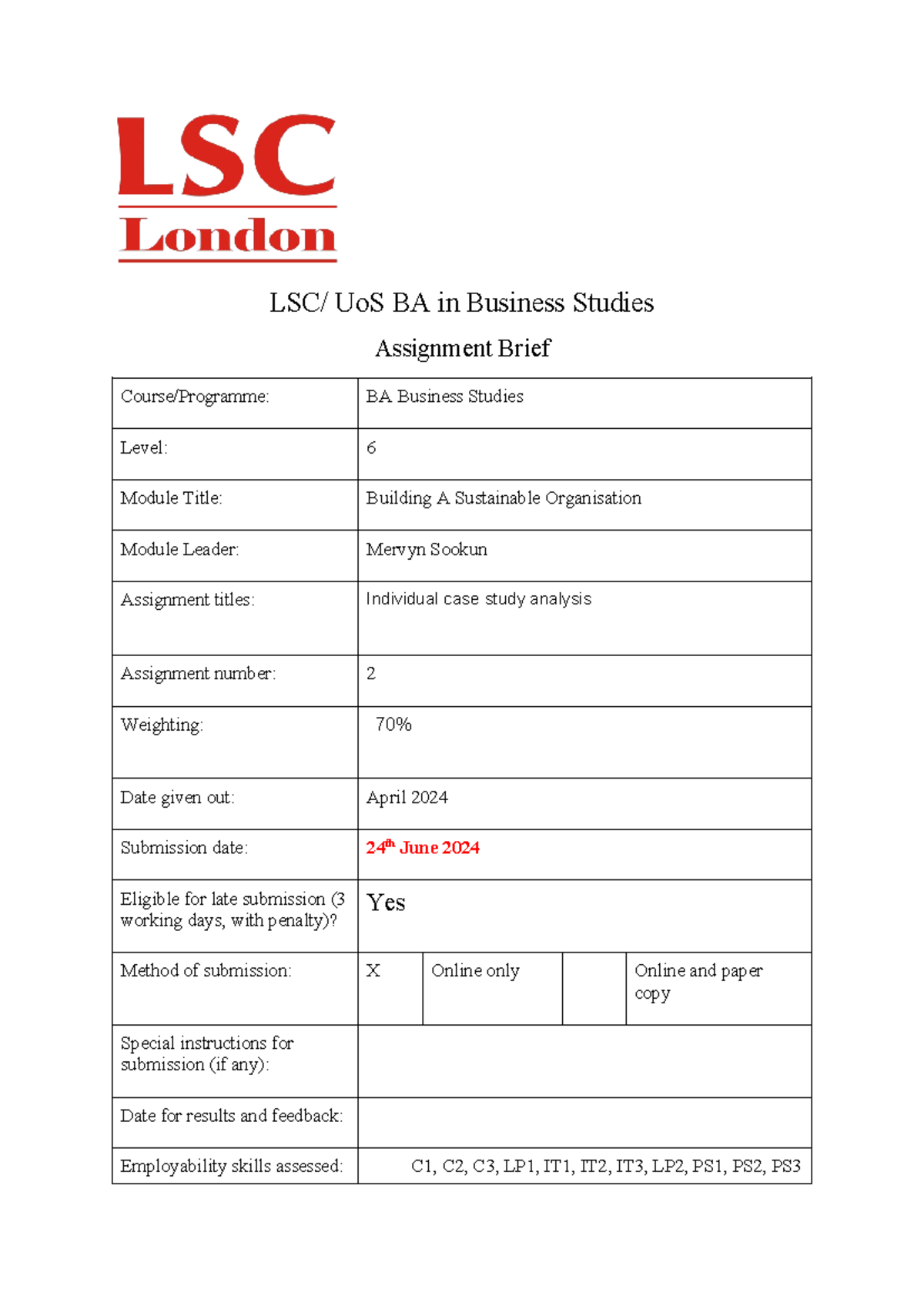 Uo S BABS Level 6 BSO Assessment 2 - Case study report April 2024 - LSC ...