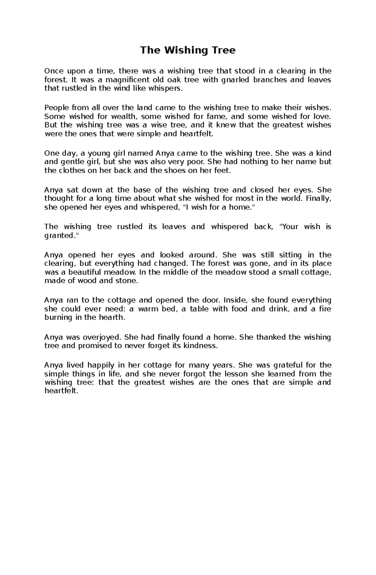 The Wishing Tree - short story - The Wishing Tree Once upon a time ...