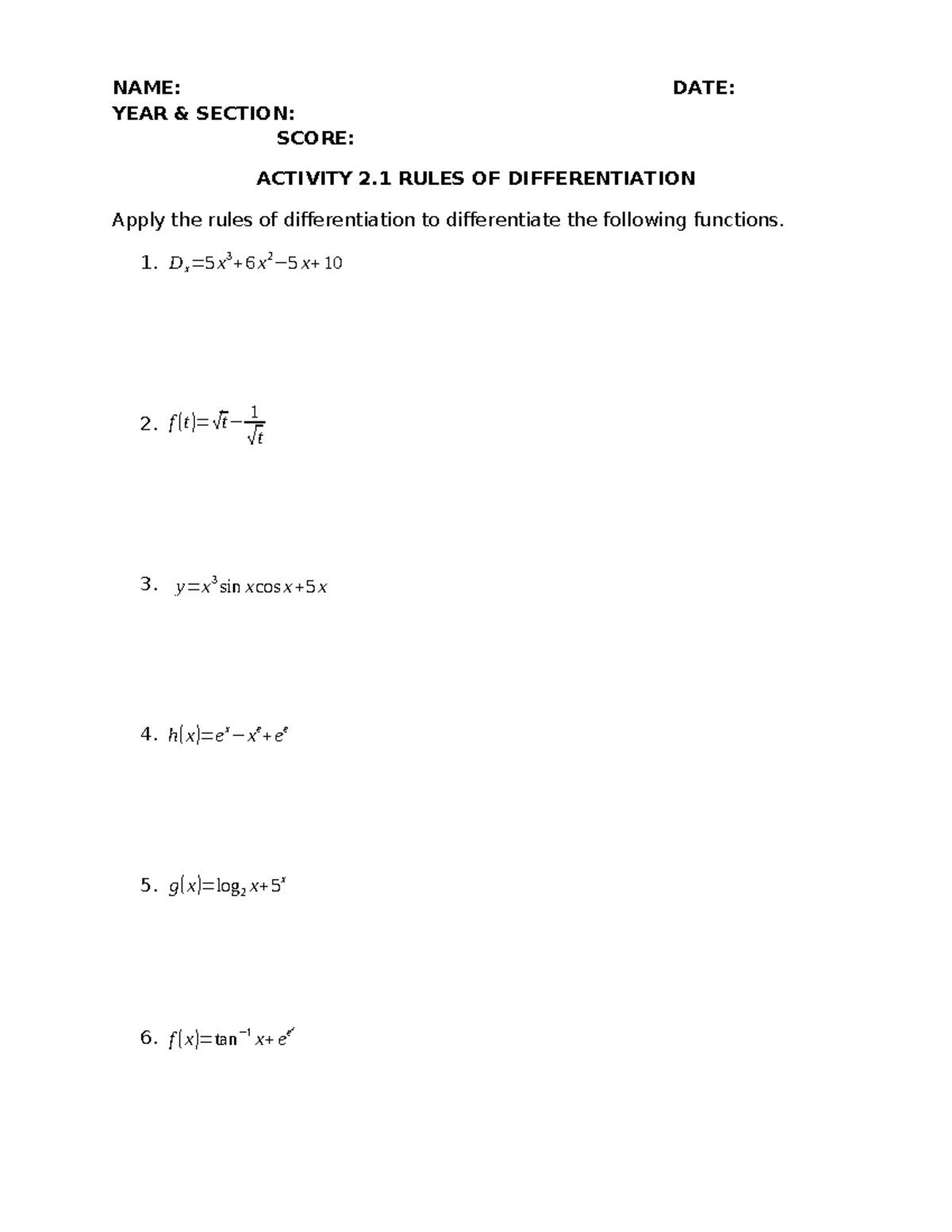 Activity 2.1 Rules OF Differentiation - Basic Calculus - NAME: DATE ...