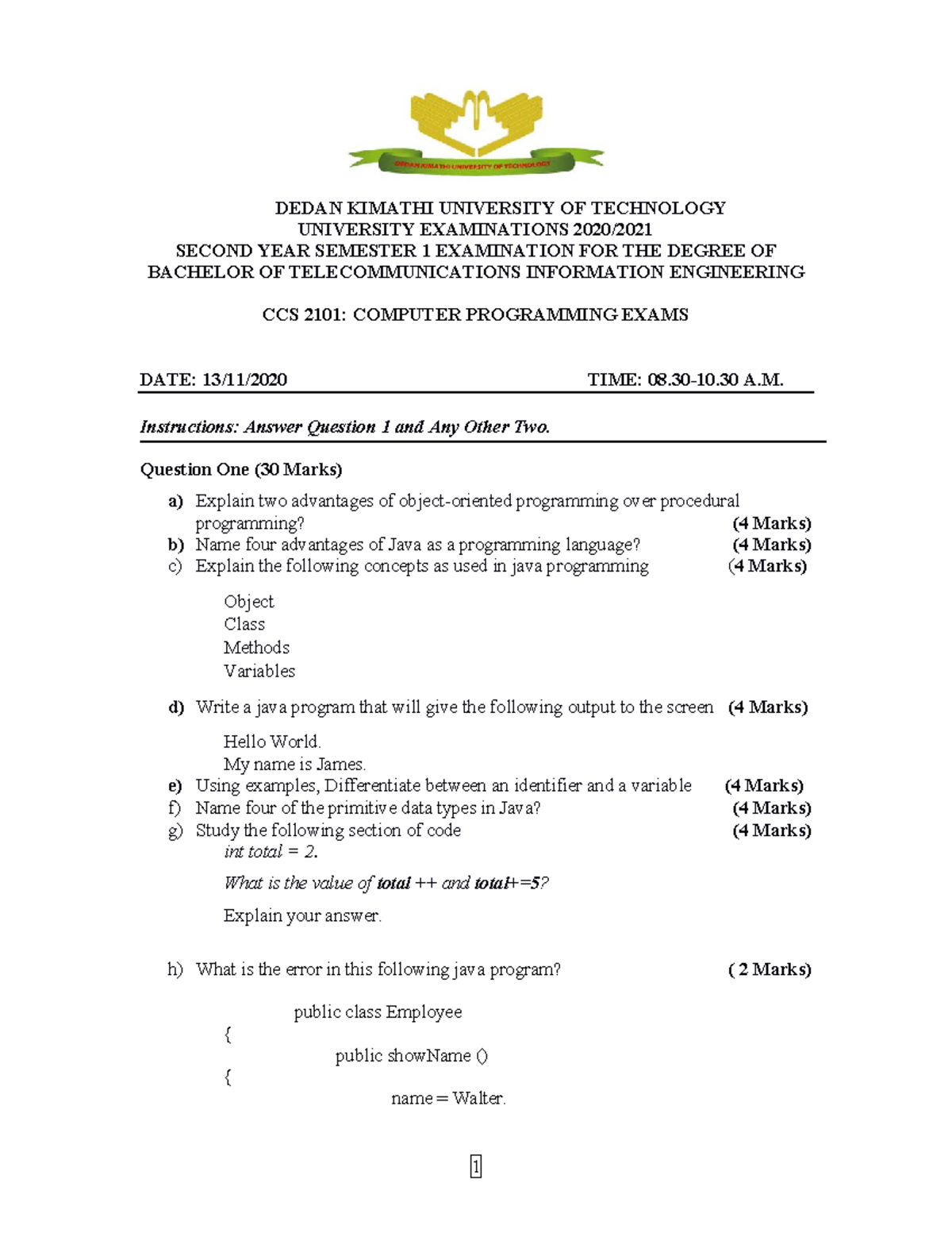 Computer Programming Exams - 1 DEDAN KIMATHI UNIVERSITY OF TECHNOLOGY ...