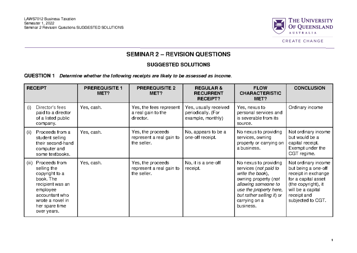 LAWS7012 Seminar 1 Suggested Solutions - Semester 1, 2022 Seminar 2 ...