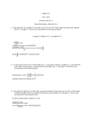 Problem Set 3 (2020) - NRES 201 Fall, 2020 Problem Set No. 3 (Due Wednesday, October 28.) A soil ...