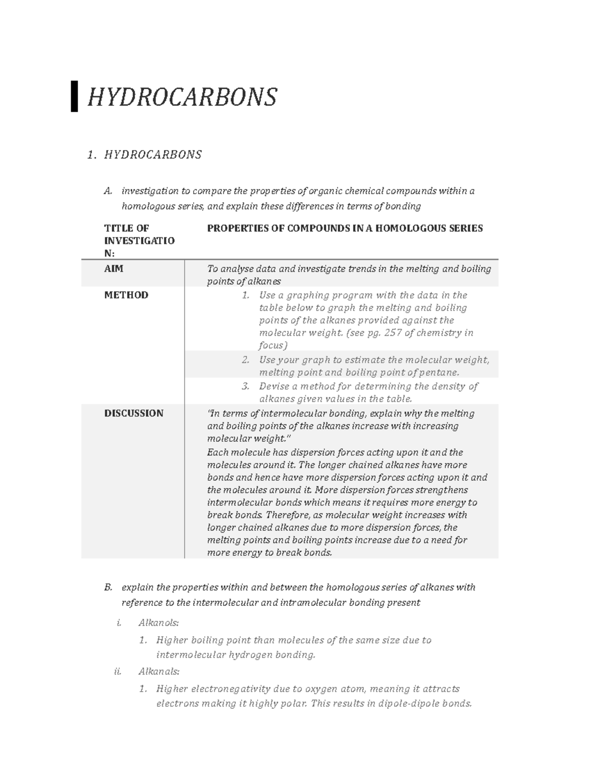 Unit 4 Chemistry Notes - HYDROCARBONS 1. HYDROCARBONS A. investigation ...