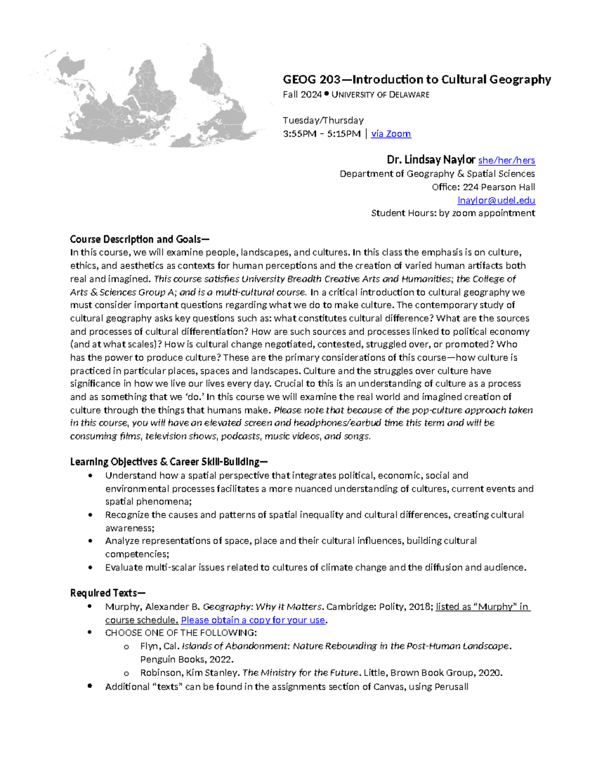 Naylor (F24) - GEOG203 Syllabus - GEOG 203—Introduction to Cultural ...