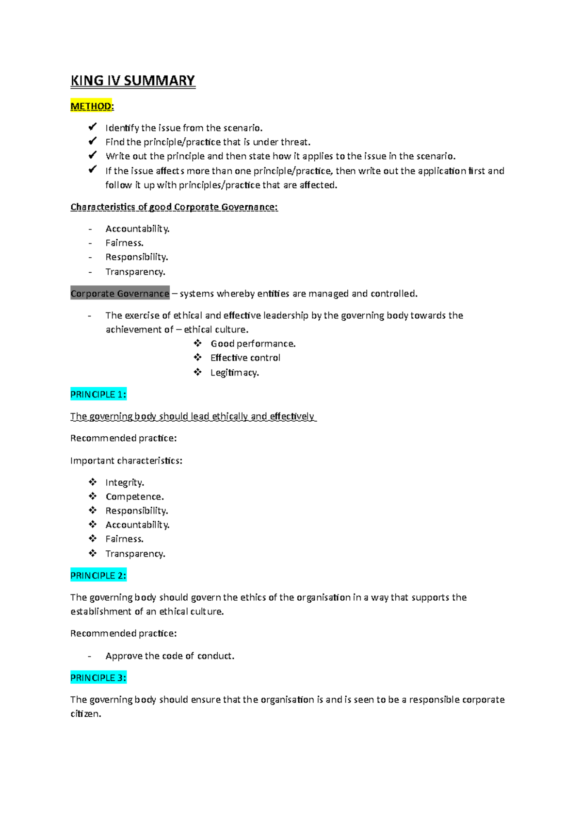 Corporate Governance SUMMARY - KING IV Summary-UNIT 1 - KING IV SUMMARY ...