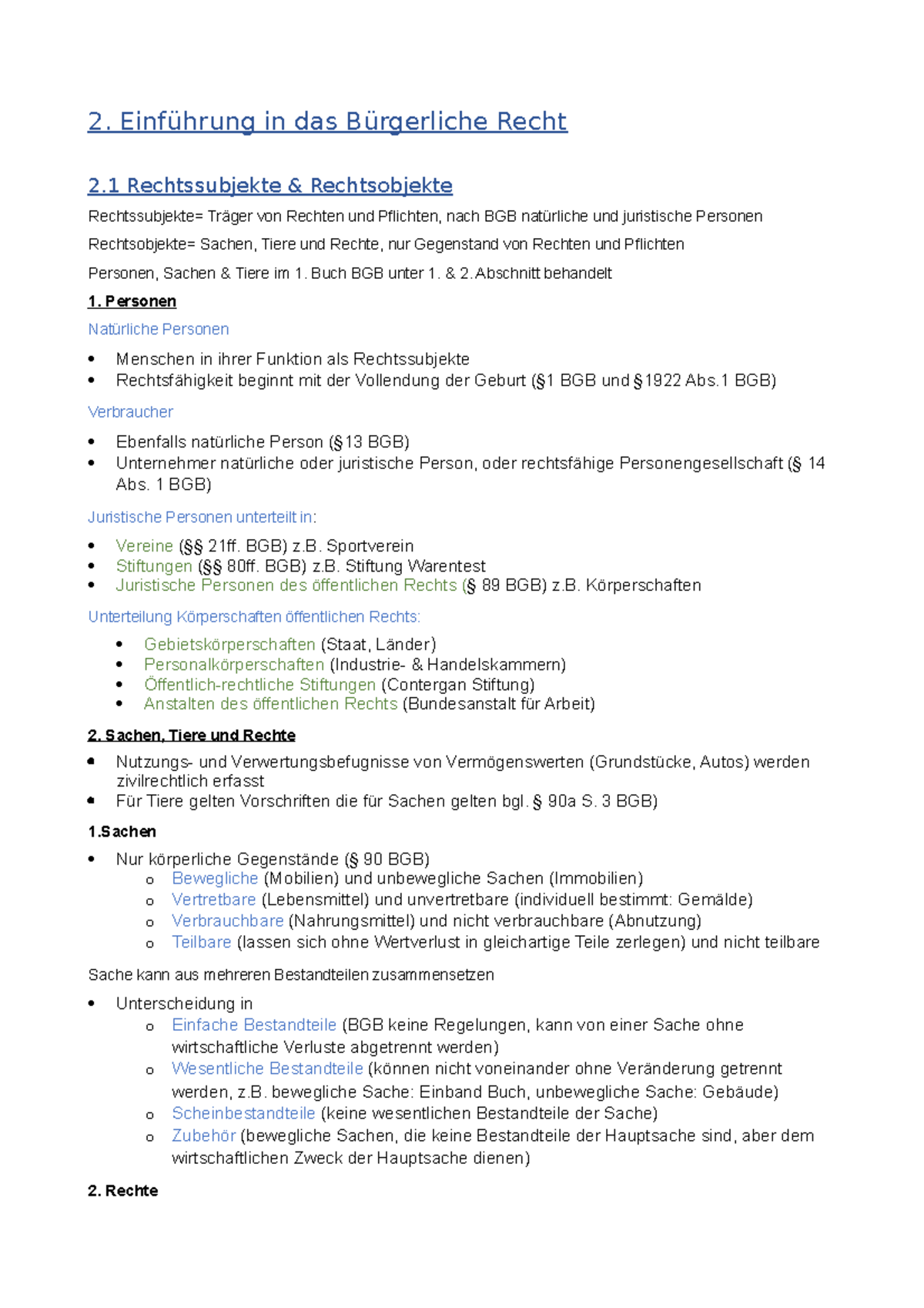 2 - Zusammenfassung - 2. Einführung in das Bürgerliche Recht 2 ...
