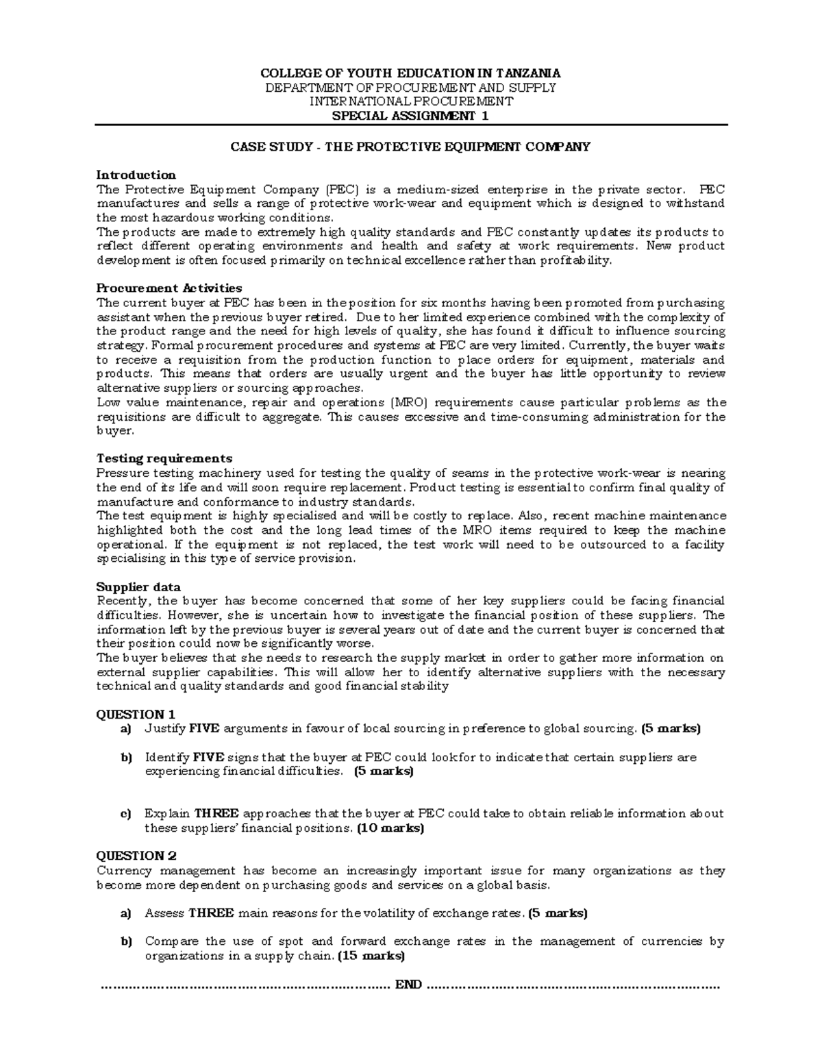 Special assignment international procurement 1 2021 - COLLEGE OF YOUTH ...