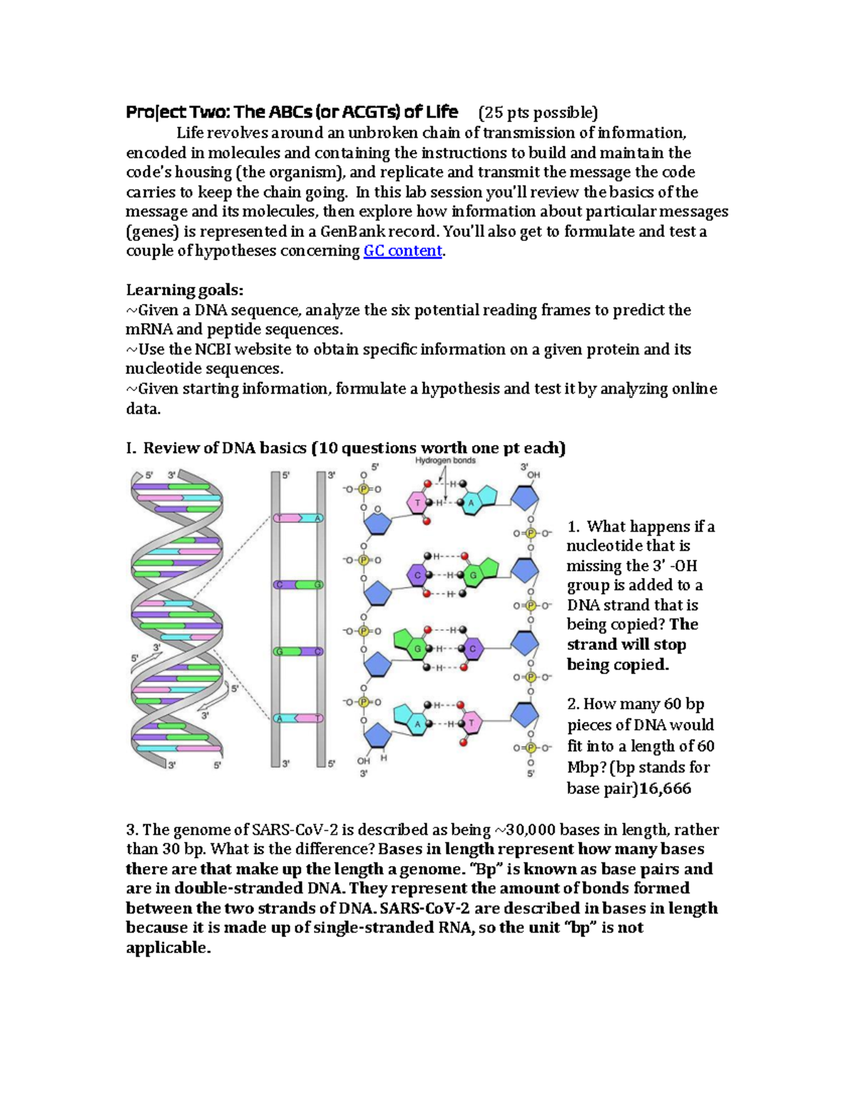 Genetics- lab 2 - The ABCs (or ACGTs) of Life - Project Two: The ABCs ...