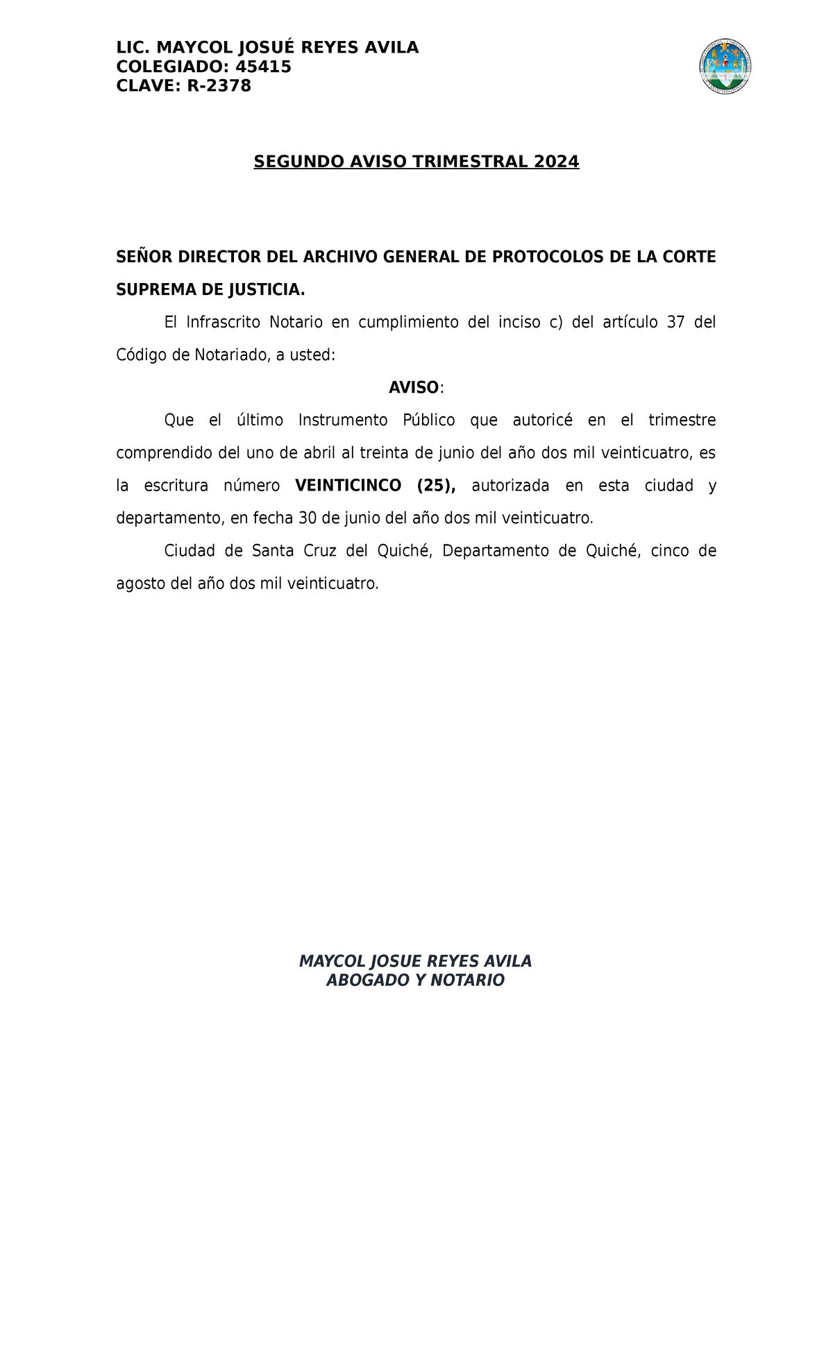 Segundo Aviso Trimestral 2024 - LIC. MAYCOL JOSUÉ REYES AVILA COLEGIADO ...