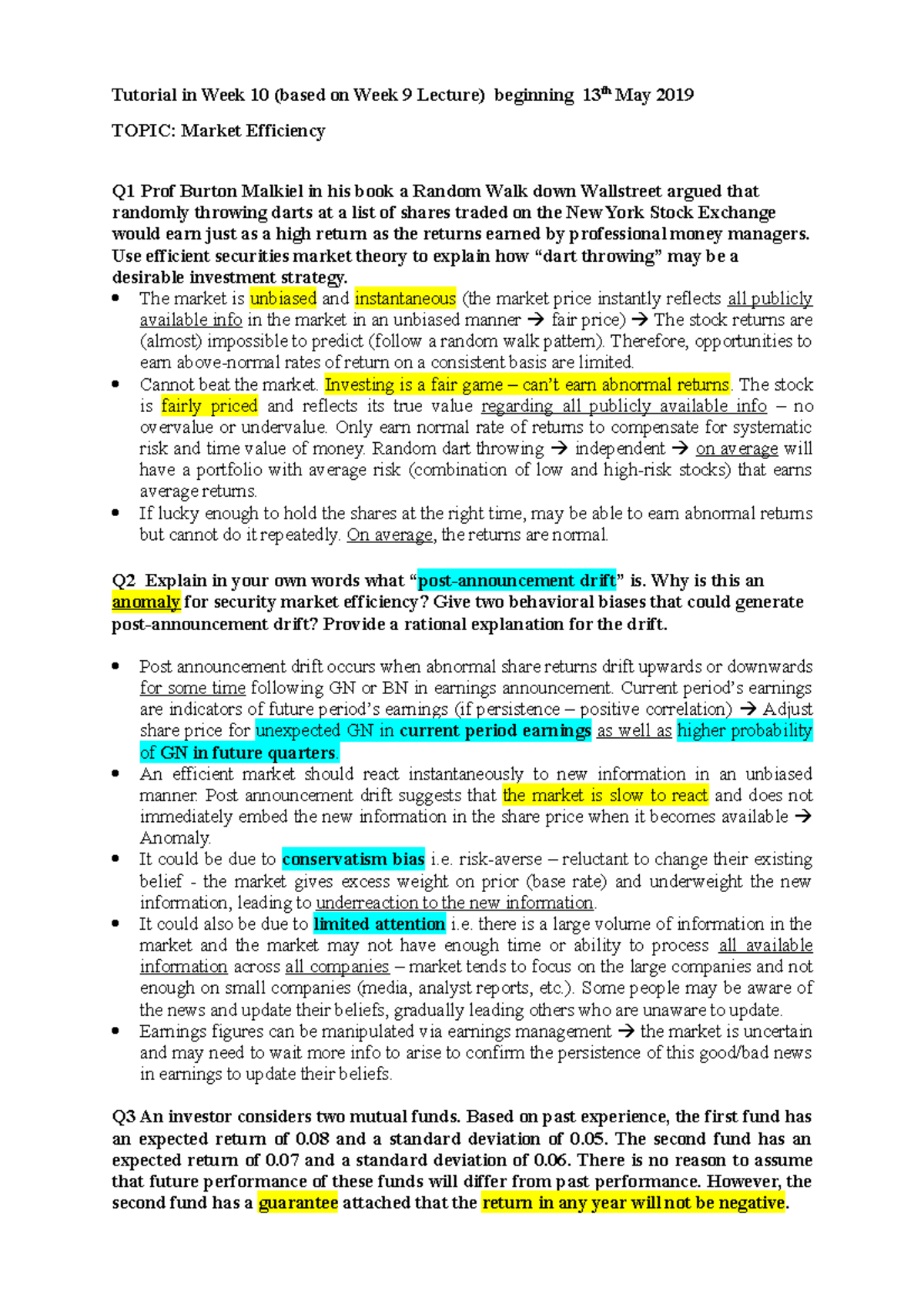 Week Nine Market Effeciency Q - Tutorial in Week 10 (based on Week 9 Lecture) beginning 13th May ...