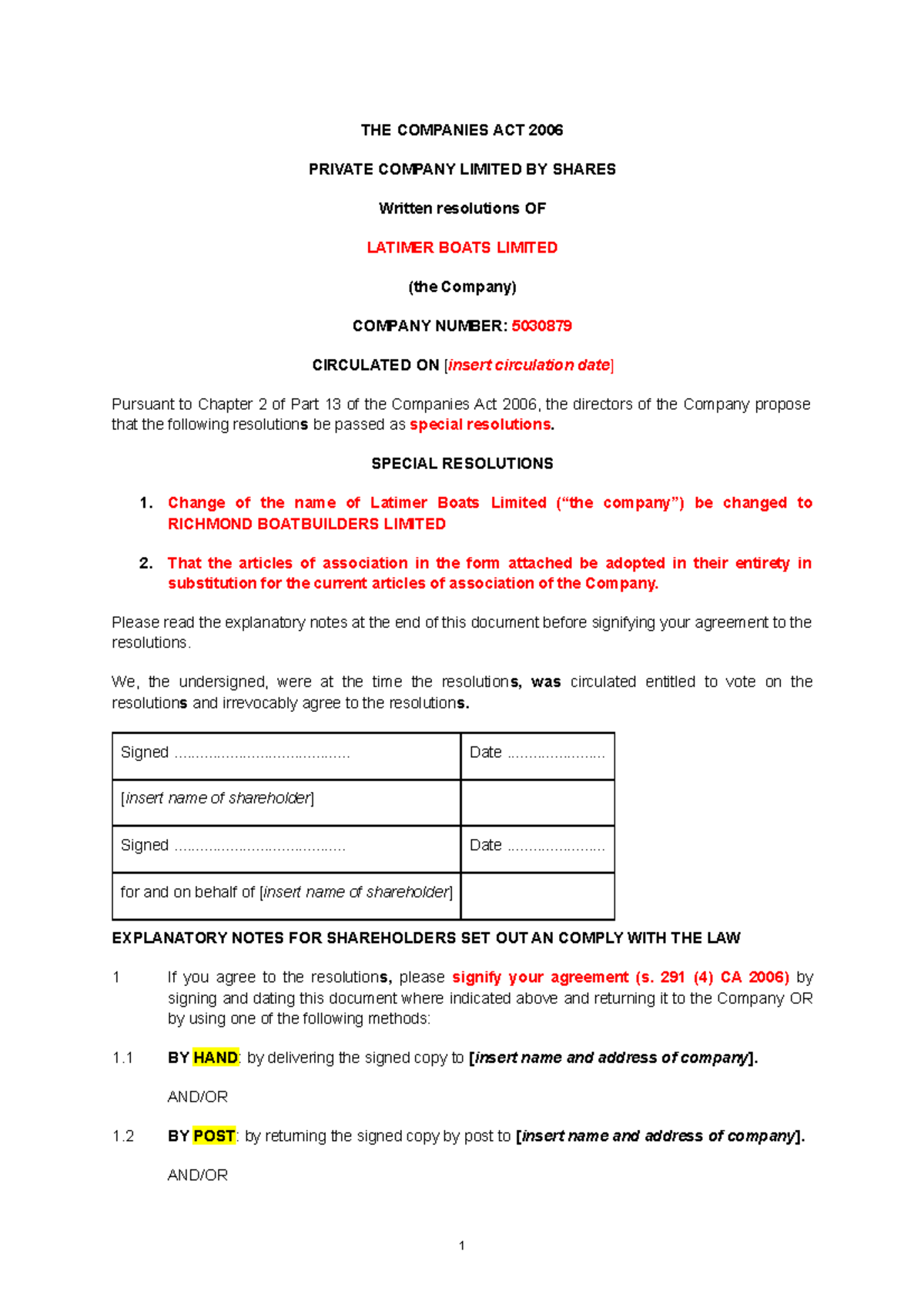 WS 6 - Task 1 Written Resolution Doc - THE COMPANIES ACT 2006 PRIVATE ...