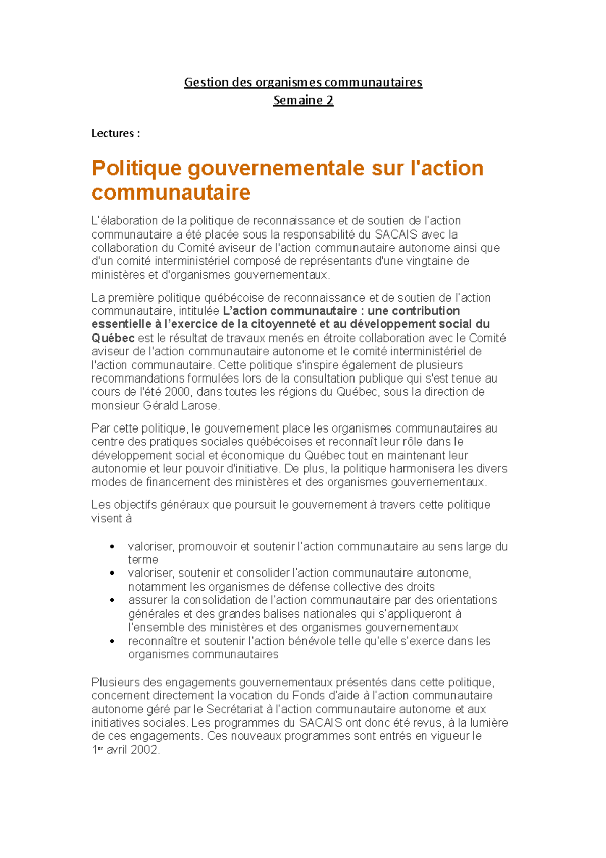 Semaine 2 notes - note de cours - Gestion des organismes communautaires ...