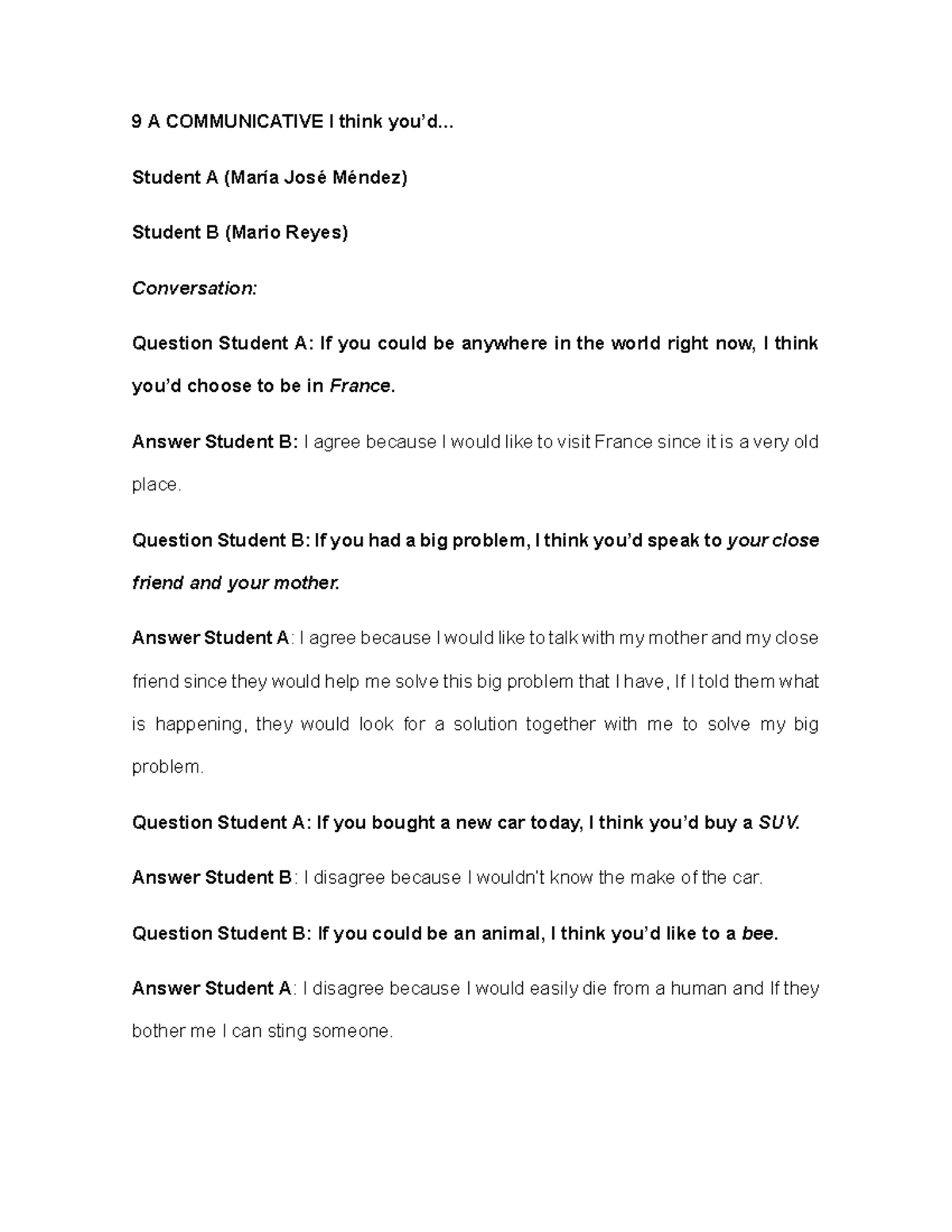 English - práctica de trabajo - 9 A COMMUNICATIVE I think you’d ...