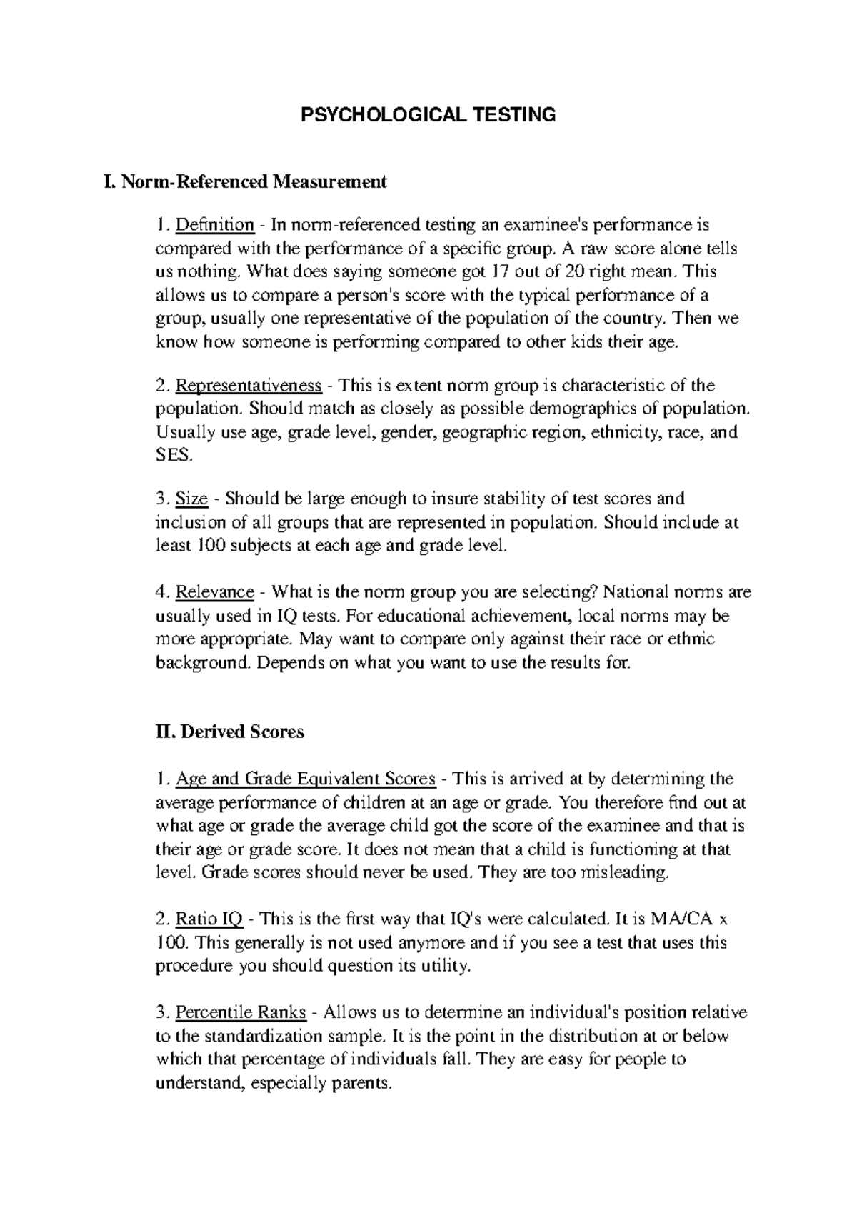 Psychological Testing Lecture notes - PSYCHOLOGICAL TESTING I. Norm ...