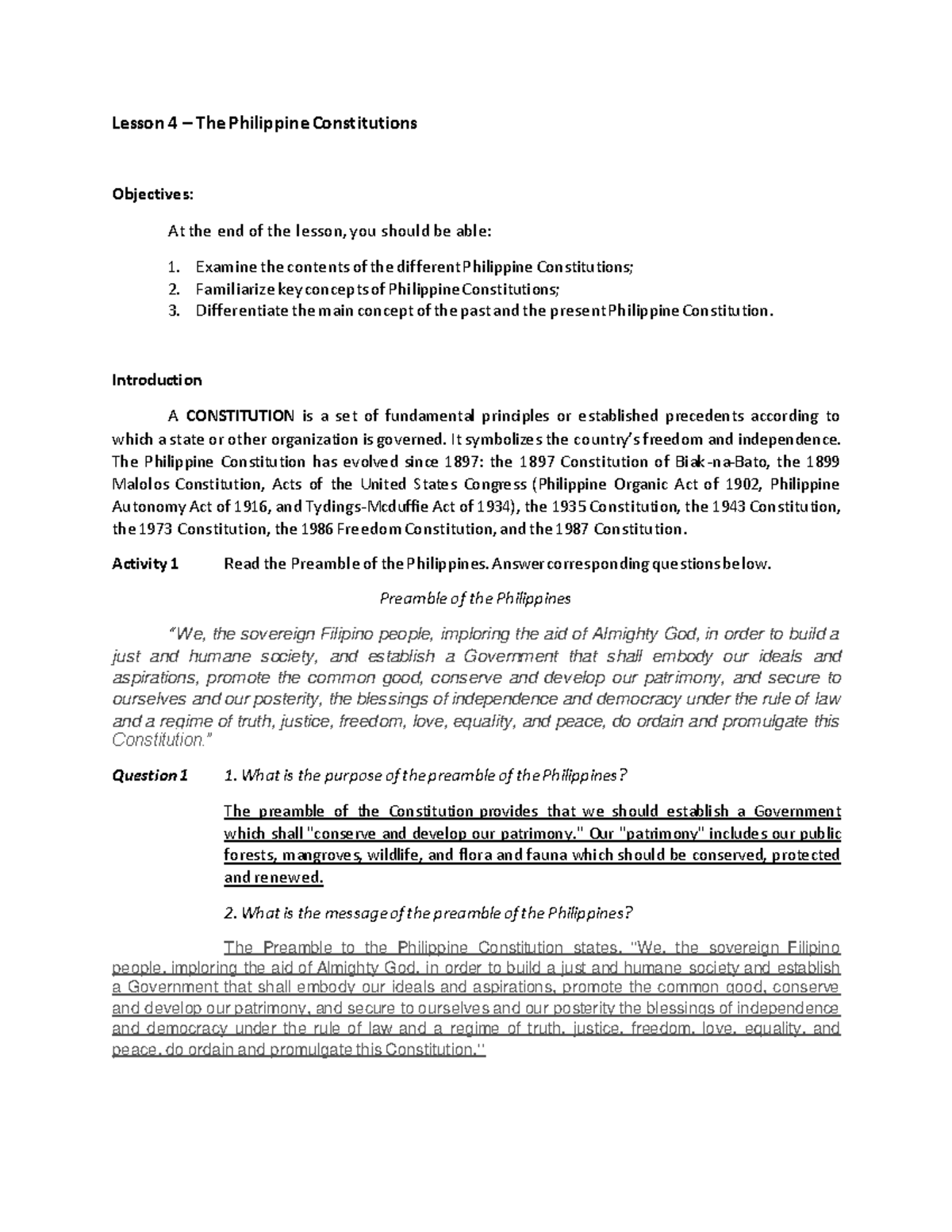 (done) RPH Pre-final-Module-3-Lesson-4 - Lesson 4 – The Philippine Constitutions Objectives: At ...
