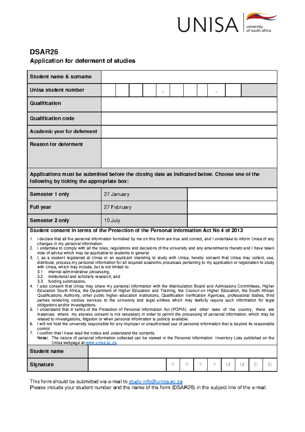 Unisa-DSAR-26 - Forms - DSAR Application for deferment of studies Student name & surname Unisa ...
