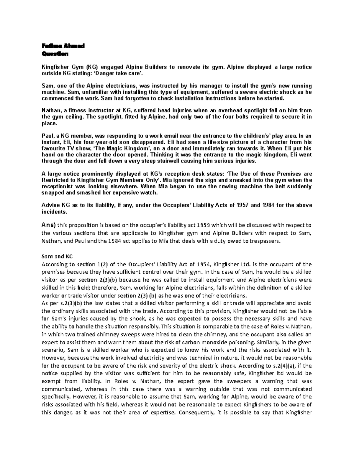 Tort prop ola - prop - Fatima Ahmad Question Kingfisher Gym (KG ...