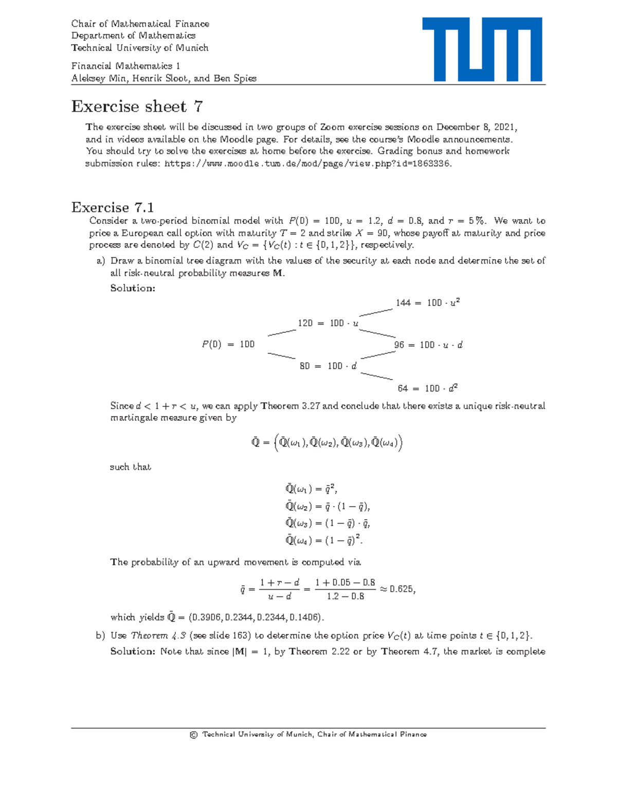 Fi Ma1 Exercise Sheet 07 Solution - Chair of Mathematical Finance ...