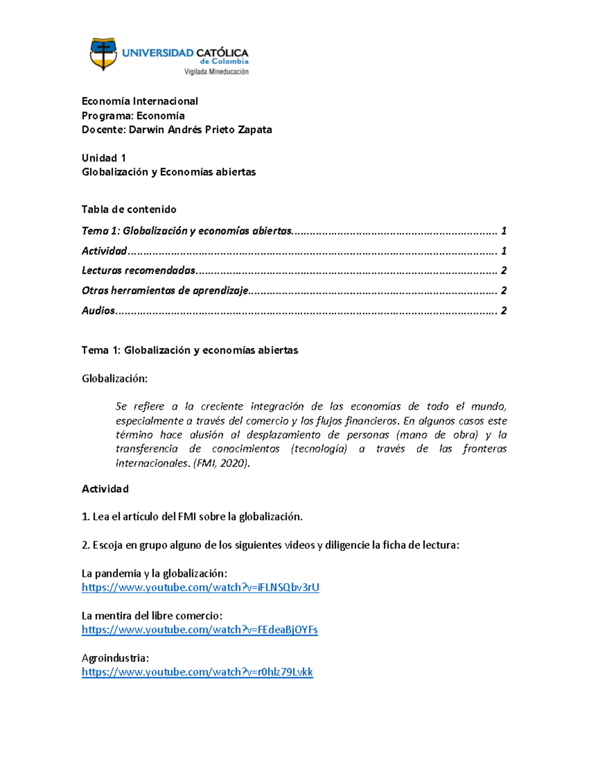 EI U1 T1 - yujn - Economía Internacional Programa: Economía Docente ...
