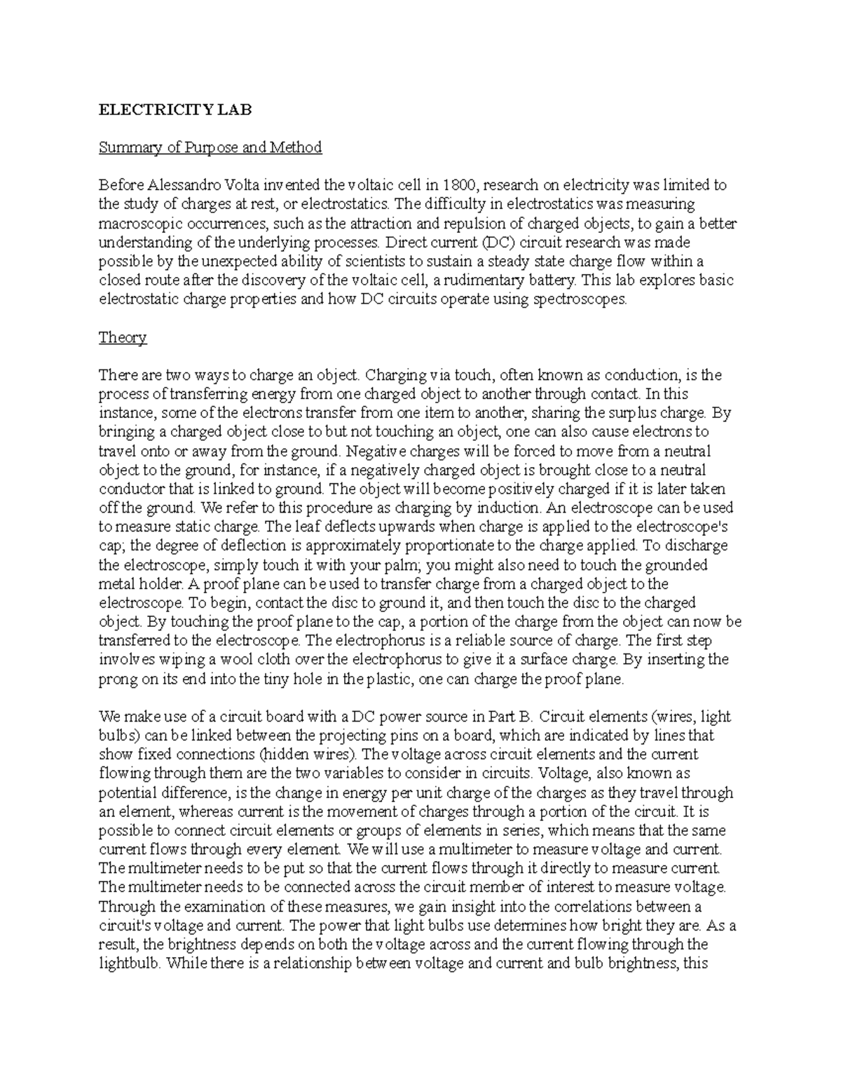 Electricity Prelab - ELECTRICITY LAB Summary of Purpose and Method ...