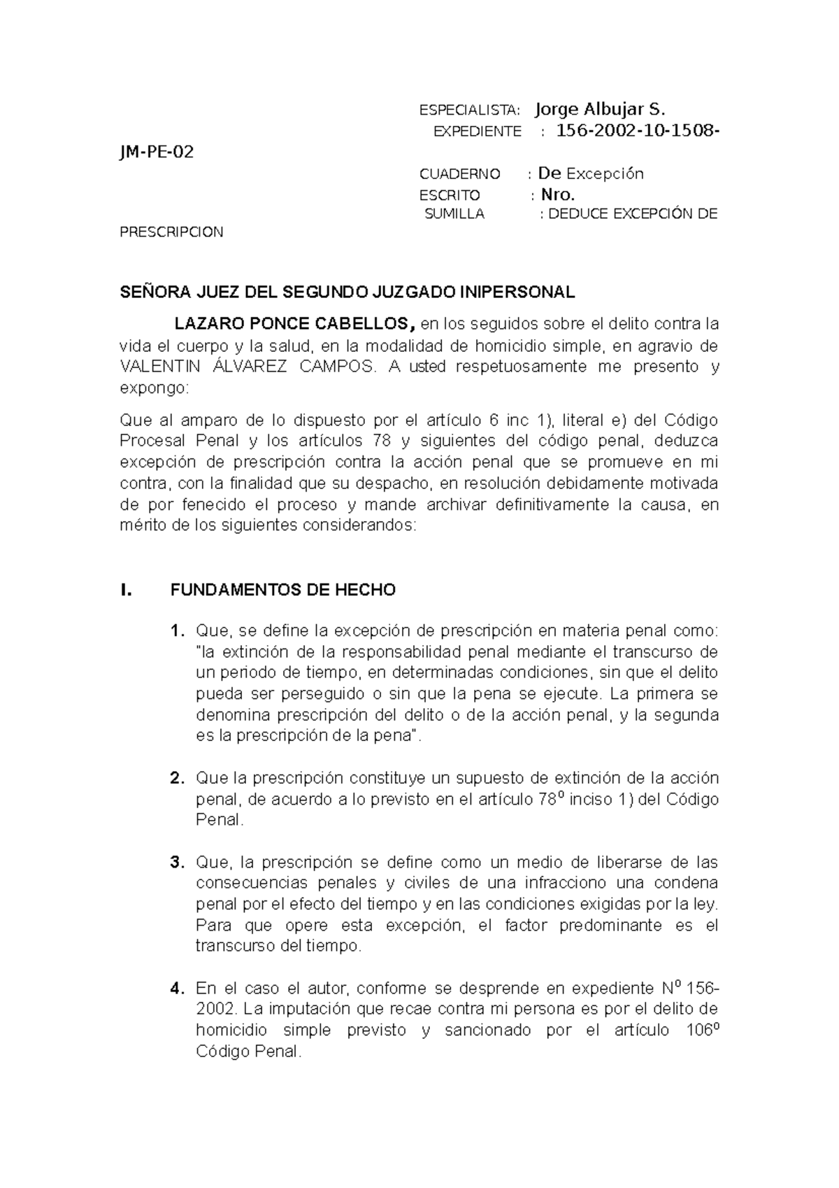 Prescrición Satipo - Lazaro Ponce Cabellos - ESPECIALISTA: Jorge ...
