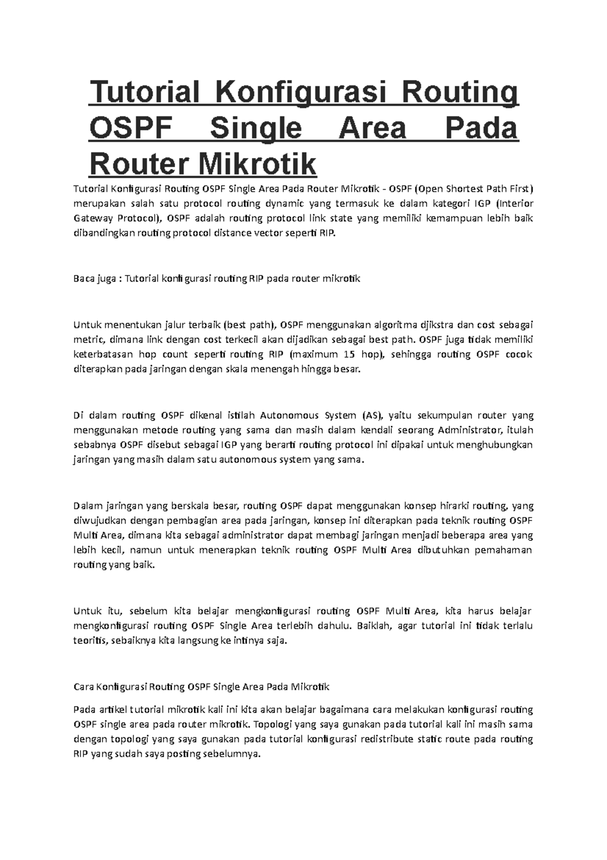 Tutorial Konfigurasi Routing OSPF Single Area Pada Router Mikrotik - Baca juga : Tutorial - Studocu