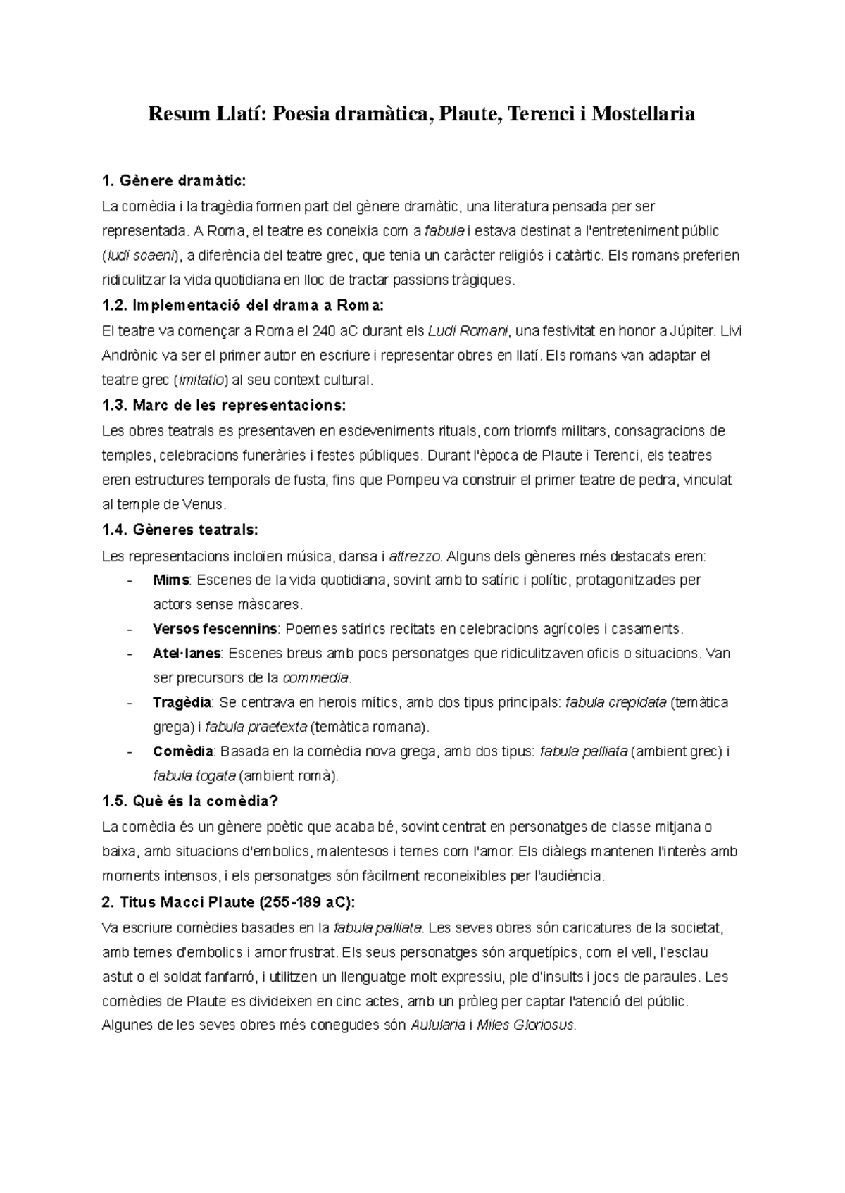 Resum Llatí Poesia dramàtica, Plaute, Terenci i Mostellaria - Gènere ...