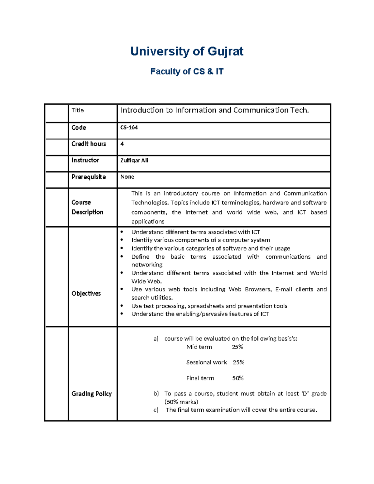 CS-164 Intro to Information and Communication Tech - University of Gujrat Faculty of CS & IT ...