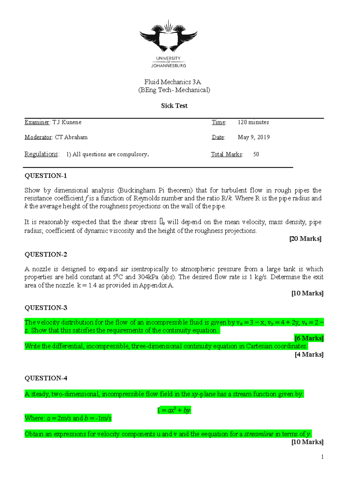 Sick test 9 May 2019 - memo - Fluid Mechanics 3A (BEng Tech- Mechanical ...