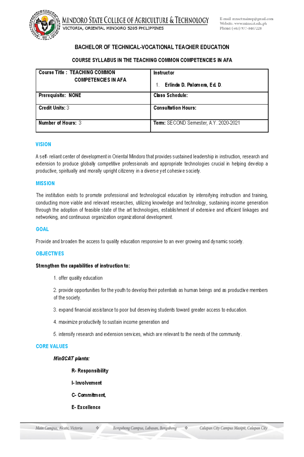 Syllabus IN AFA - BACHELOR OF TECHNICAL-VOCATIONAL TEACHER EDUCATION ...