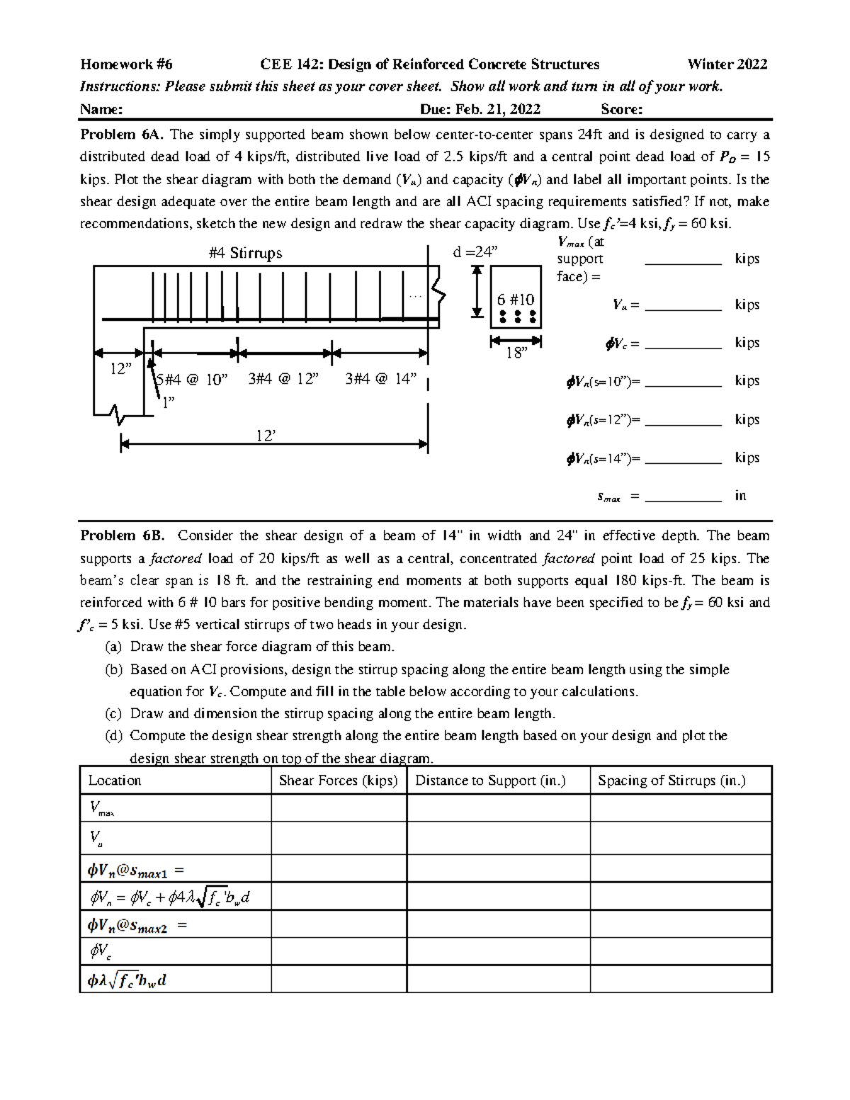 HW6 W22 - N/A - Homework #6 CEE 142: Design of Reinforced Concrete ...