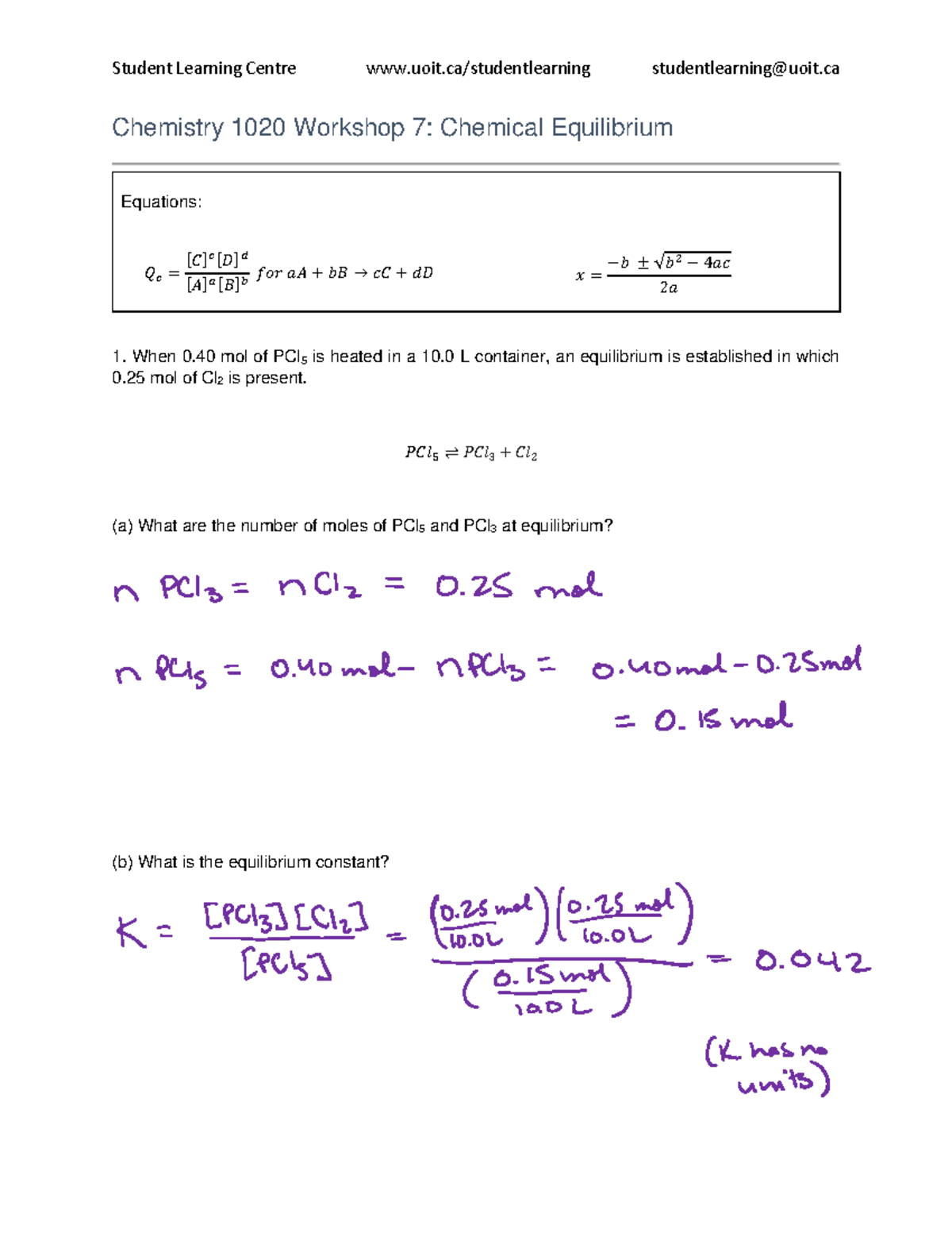 Copy of WS 7 Chemical Equilibrium solutions - Chemistry 1020 Workshop 7 ...
