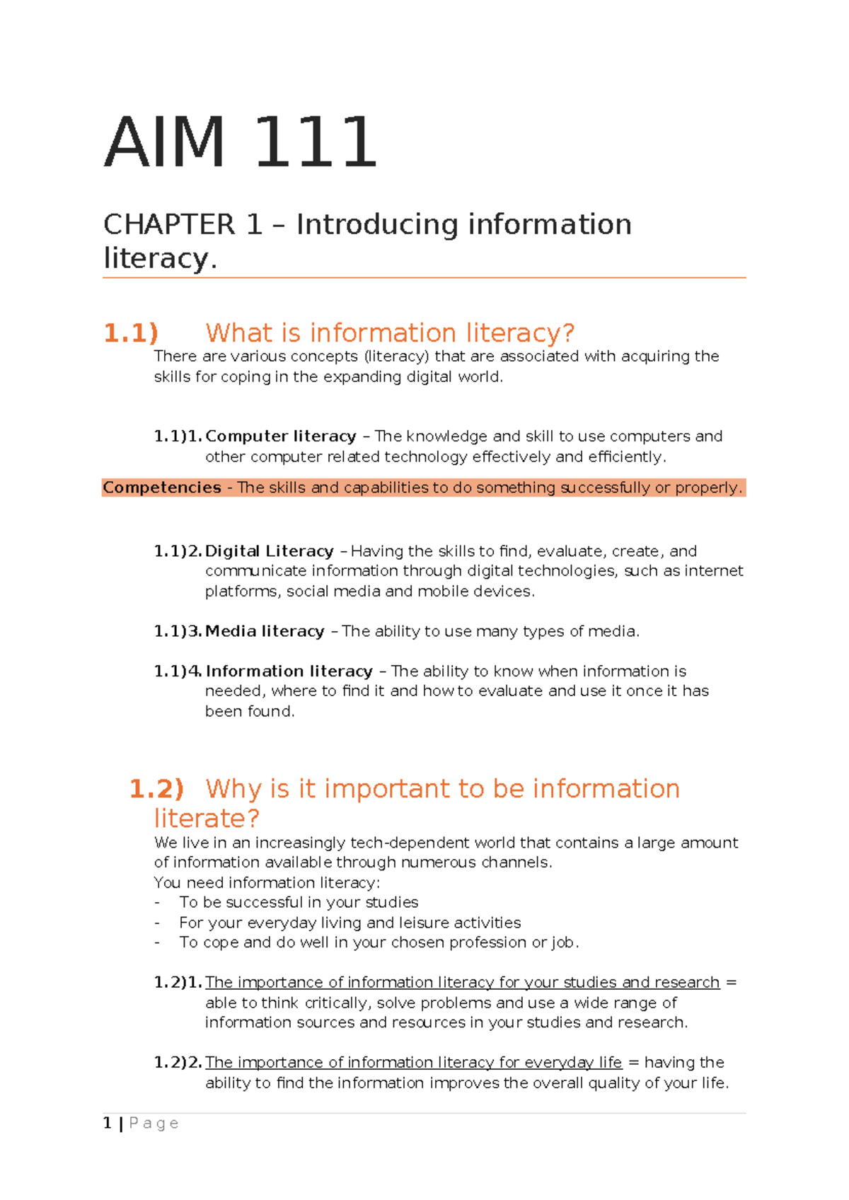 AIM NIL Chapter 1 Notes - AIM 111 CHAPTER 1 – Introducing information ...