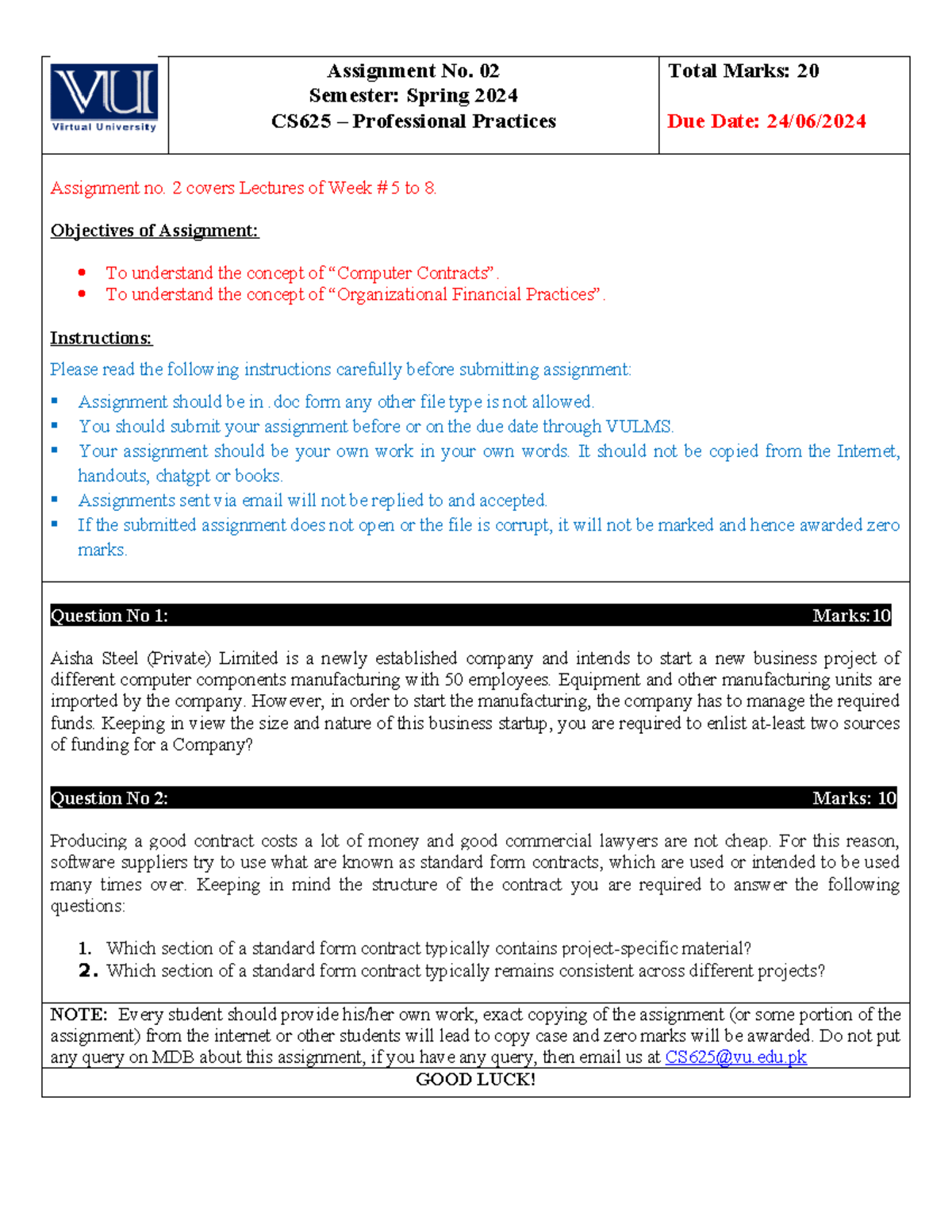 Spring 2024 CS625 2 - Virtual University of Pakistan - Assignment No. 02 Semester: Spring 2024 ...