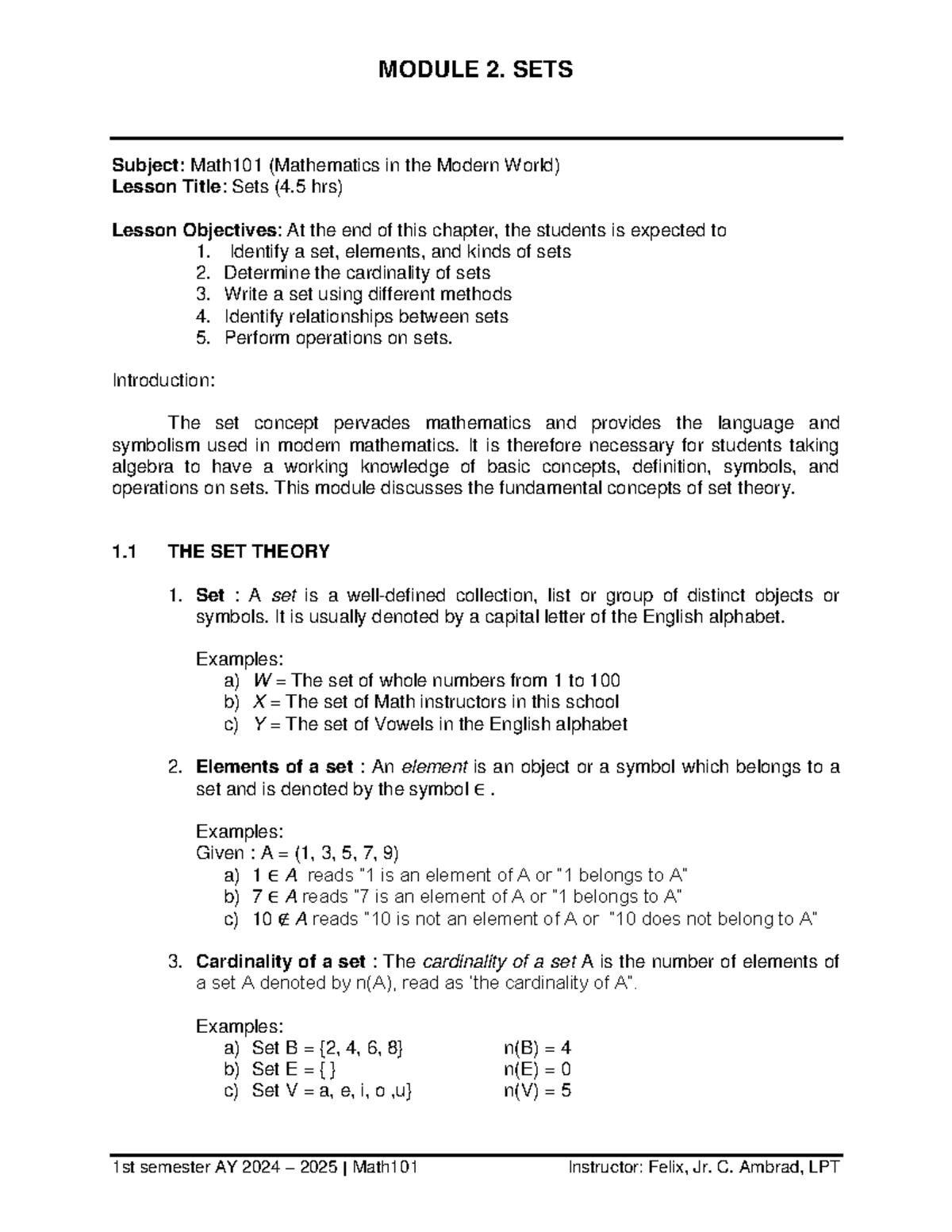 MMW Module 2- SETS - Subject: Math101 (Mathematics in the Modern World) Lesson Title: Sets (4 ...