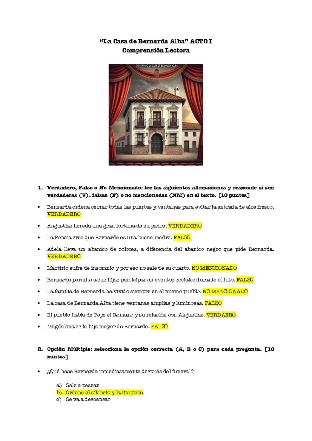 Comprensión Lectora Acto I Respuestas - “La Casa de Bernarda Alba” ACTO ...
