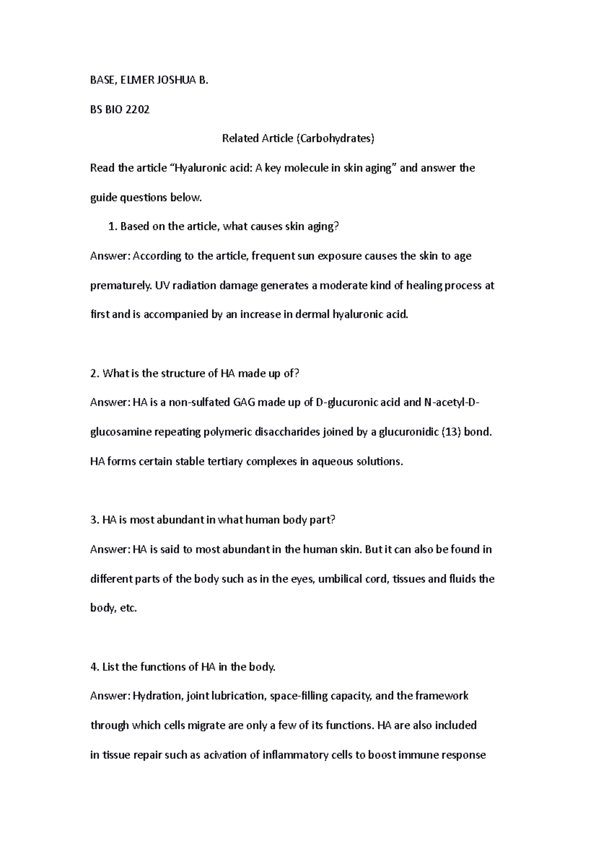 Related Article ( Carbohydrates) BIO 204L - BASE, ELMER JOSHUA B. BS ...