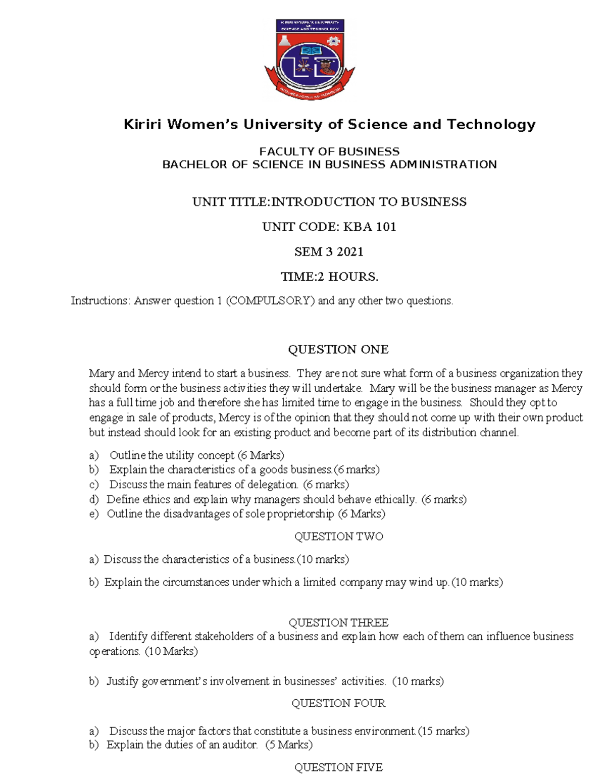 Introduction TO Business Question Paper - Kiriri Women’s University of ...