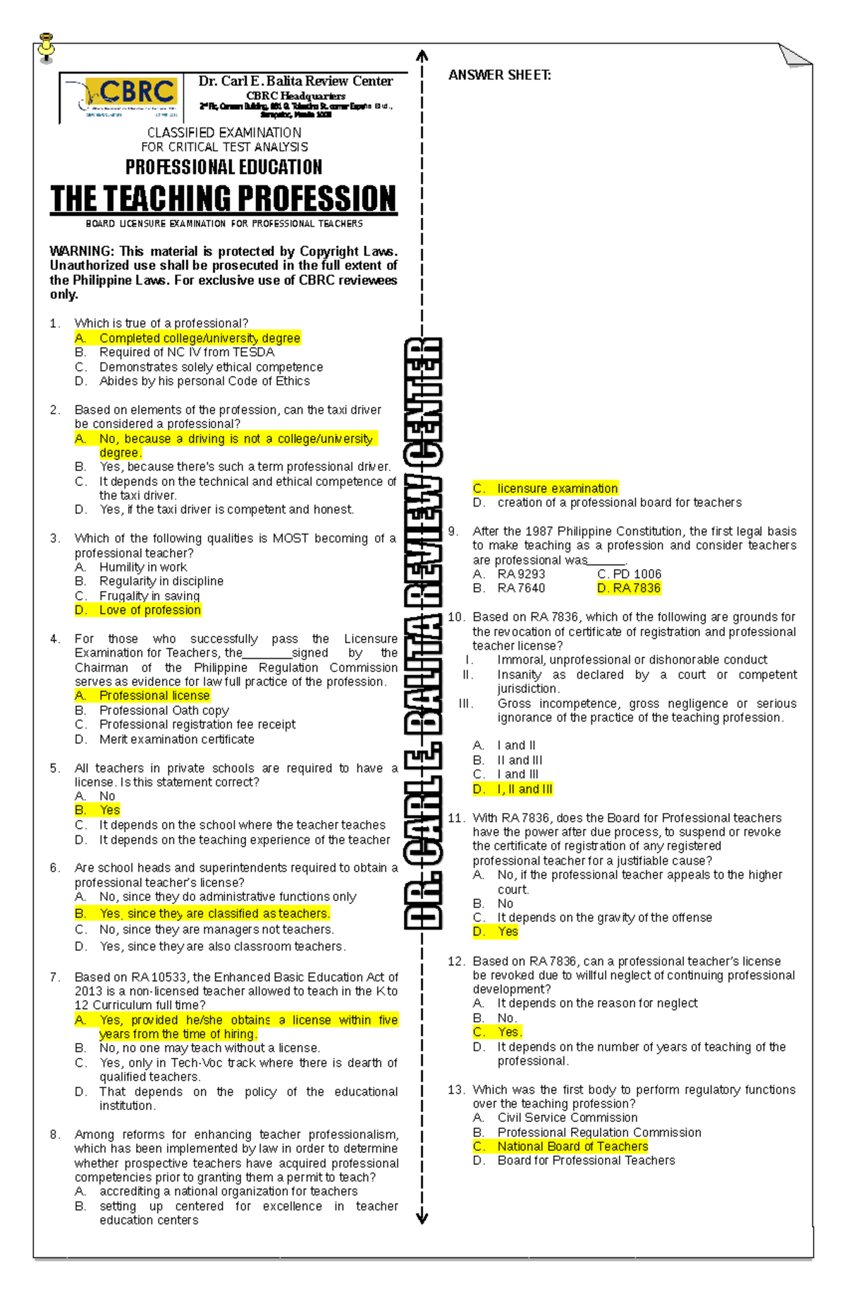S2022 PROF ED The Teaching Profession - ANSWER SHEET: CLASSIFIED ...