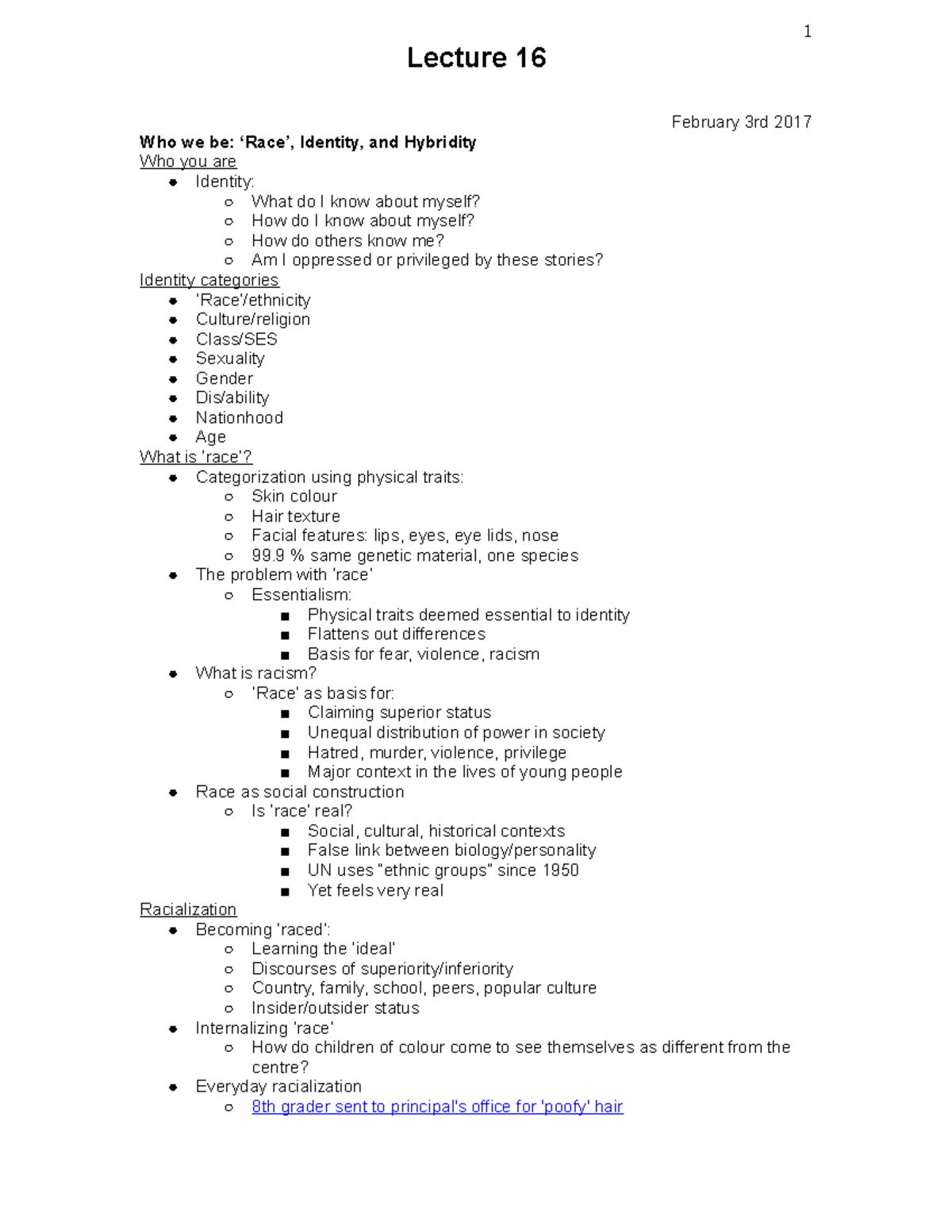 Lecture 16 February 3 - Danielle Molnar & Shauna Pomerantz - 1 Lecture ...