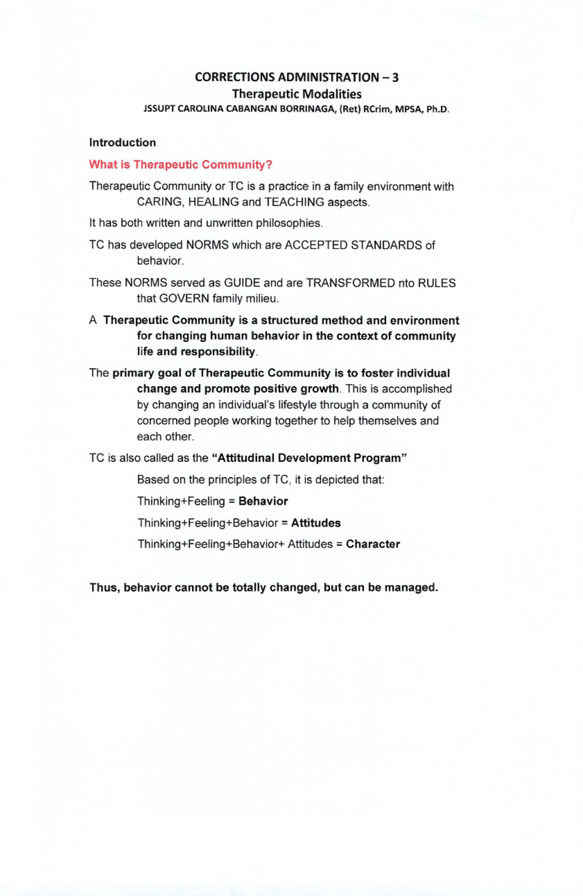 TCMP Notes Part 1 - CORRECTIONS ADMINISTRATION 3 Therapeutic Modalities ...