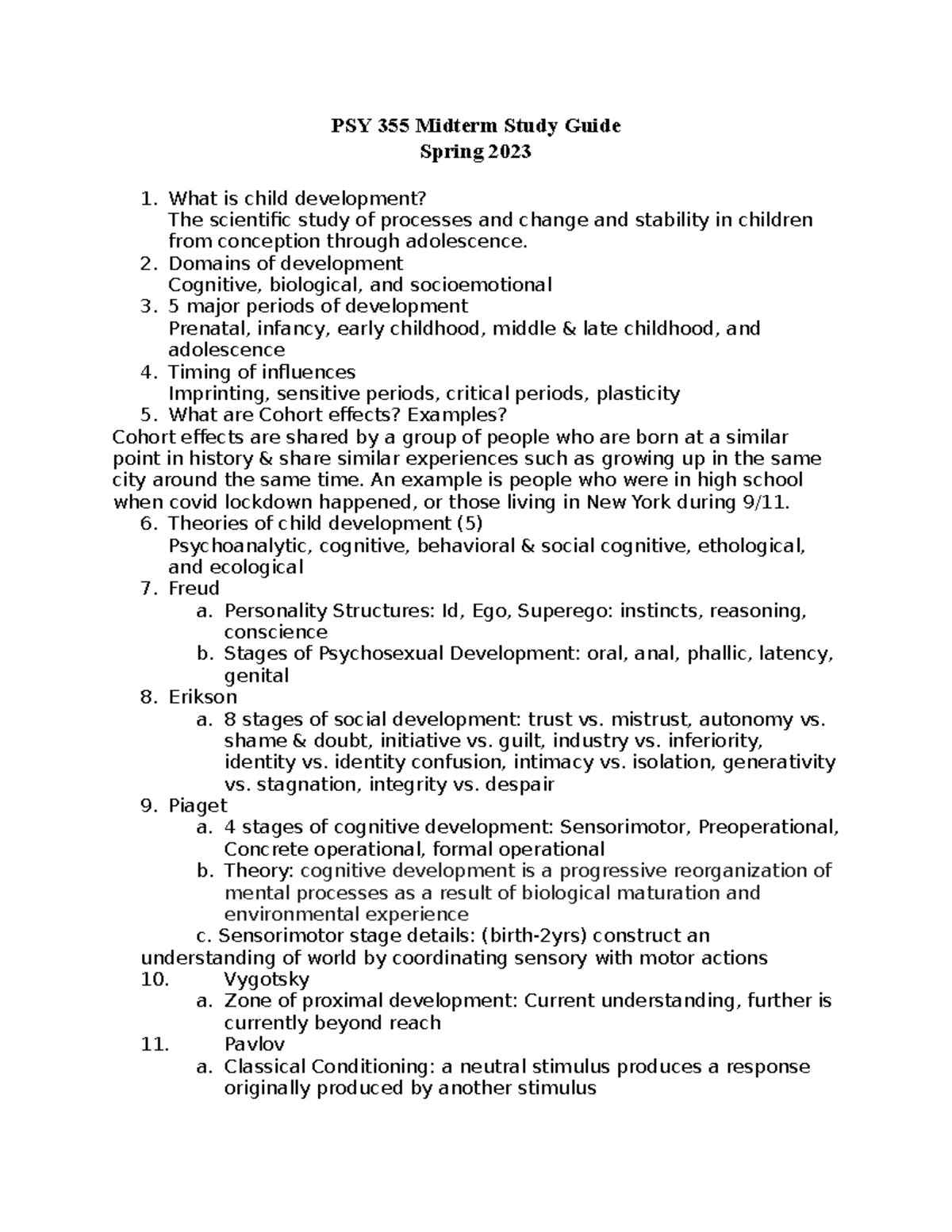Midterm Study Guide Psy 355 - PSY 355 Midterm Study Guide Spring 2023 What is child development ...