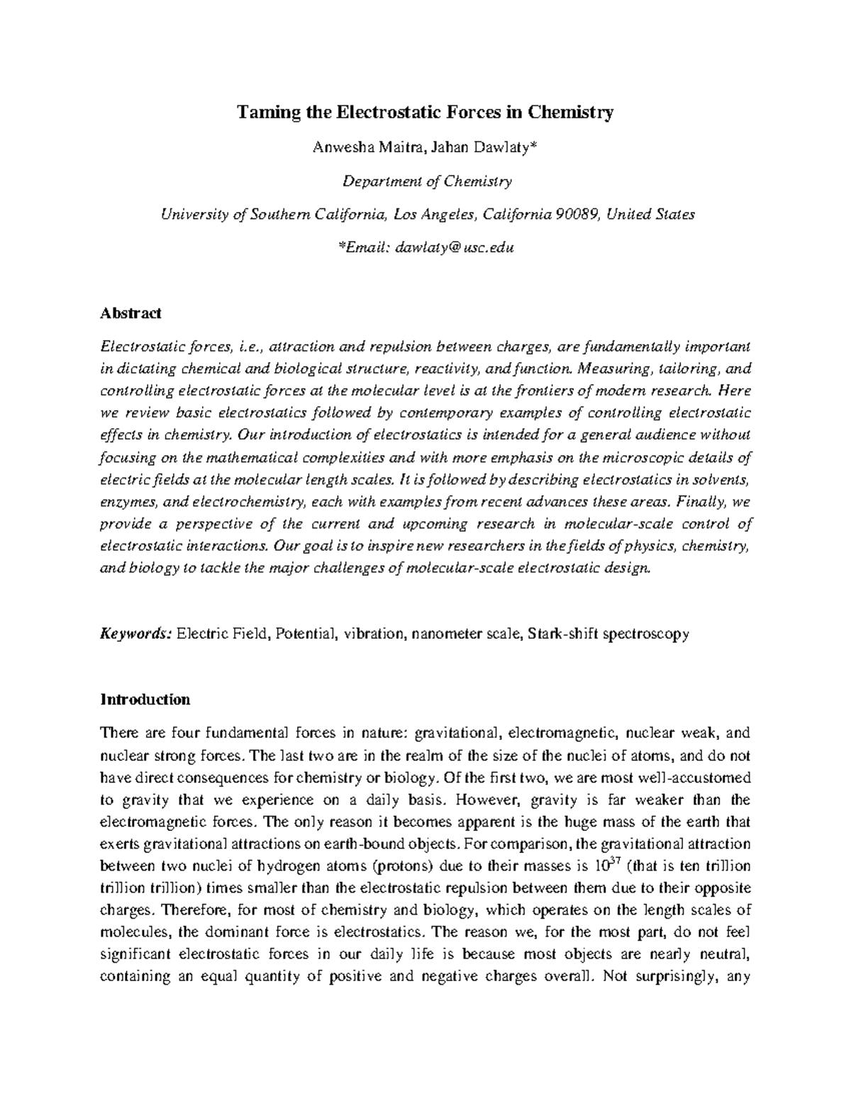 Taming the Electrostatic Forces in Chemistry AM JD USC - Taming the ...