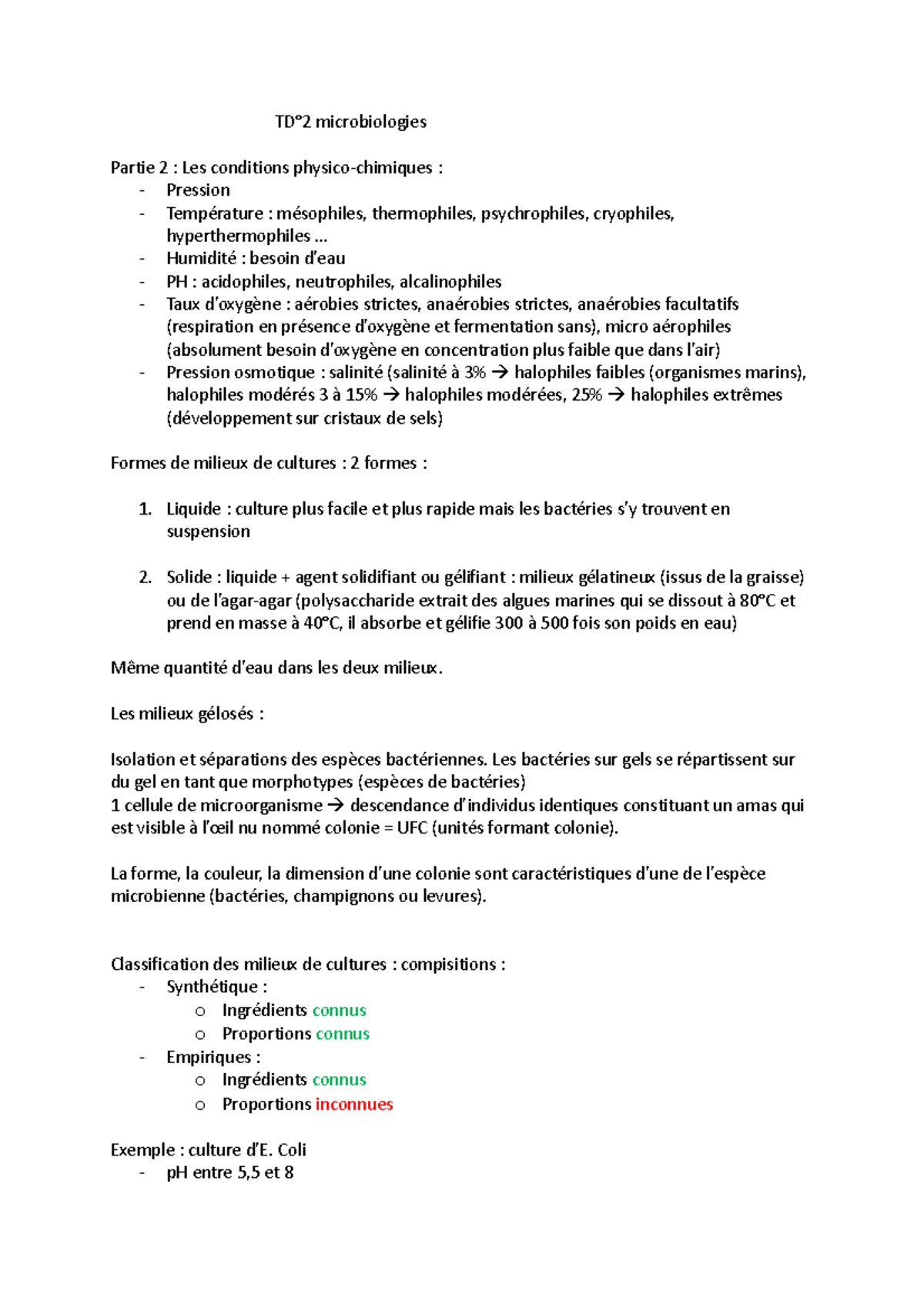 TD de microbiologie - Pas entier - TD°2 microbiologies Partie 2 : Les conditions physico ...