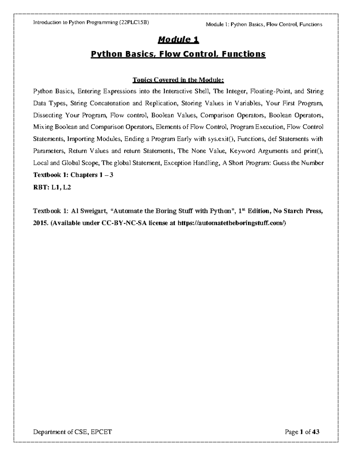 22plc15b Module 1 Notes Module 1 Python Basics Flow Control