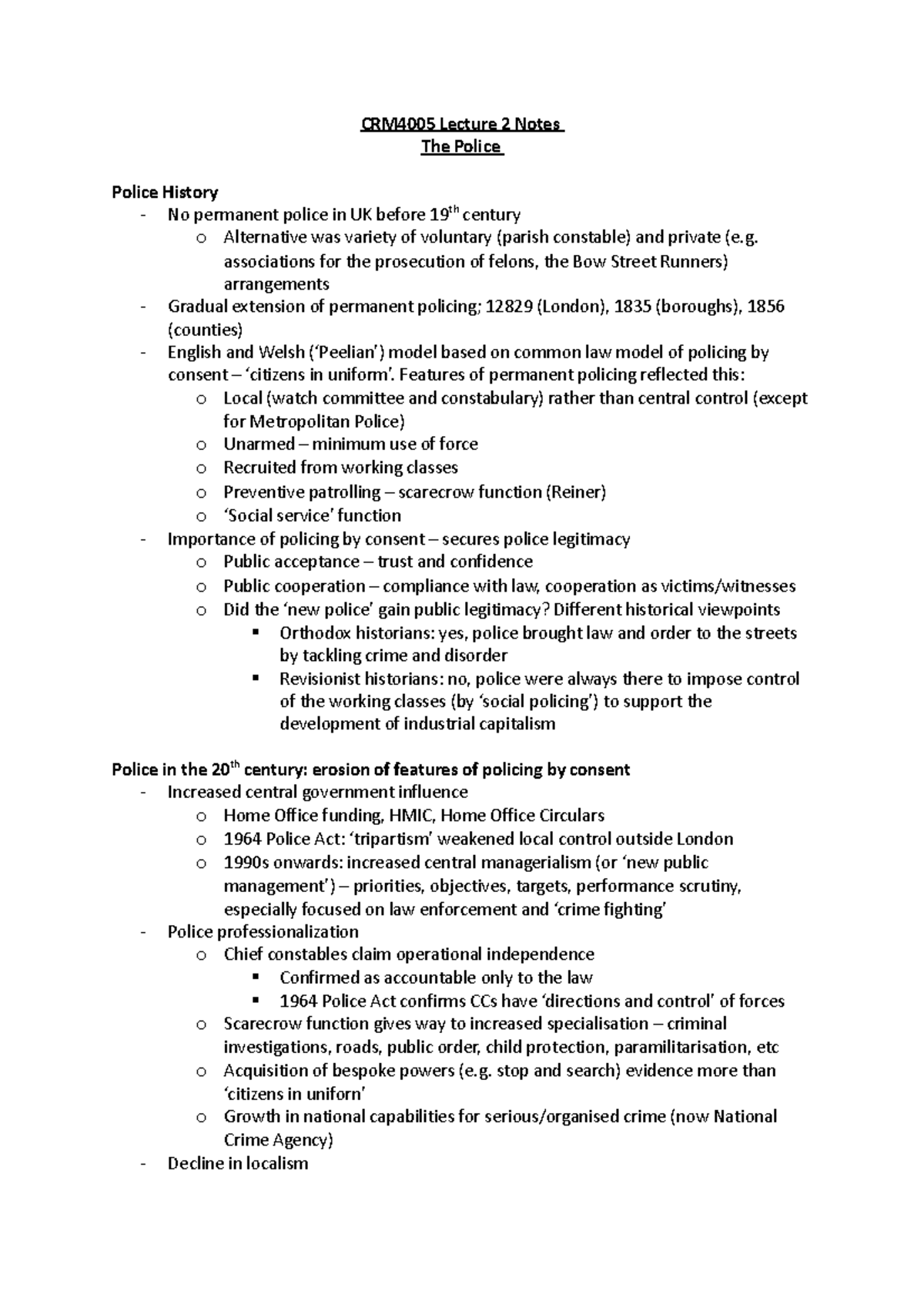 CRM4005 Lecture 2 Notes - CRM4005 Lecture 2 Notes The Police Police ...