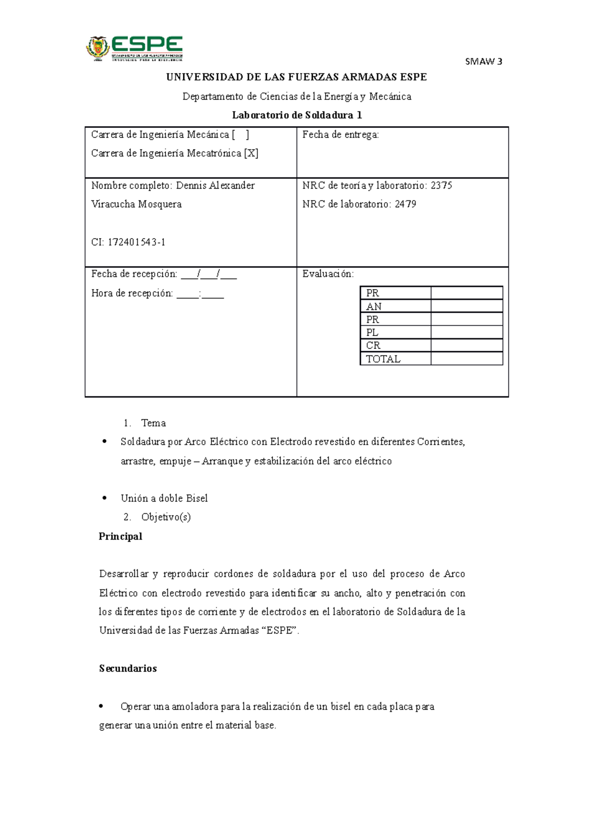 Práctica De Laboratorio Smaw Smaw 3 Universidad De Las Fuerzas