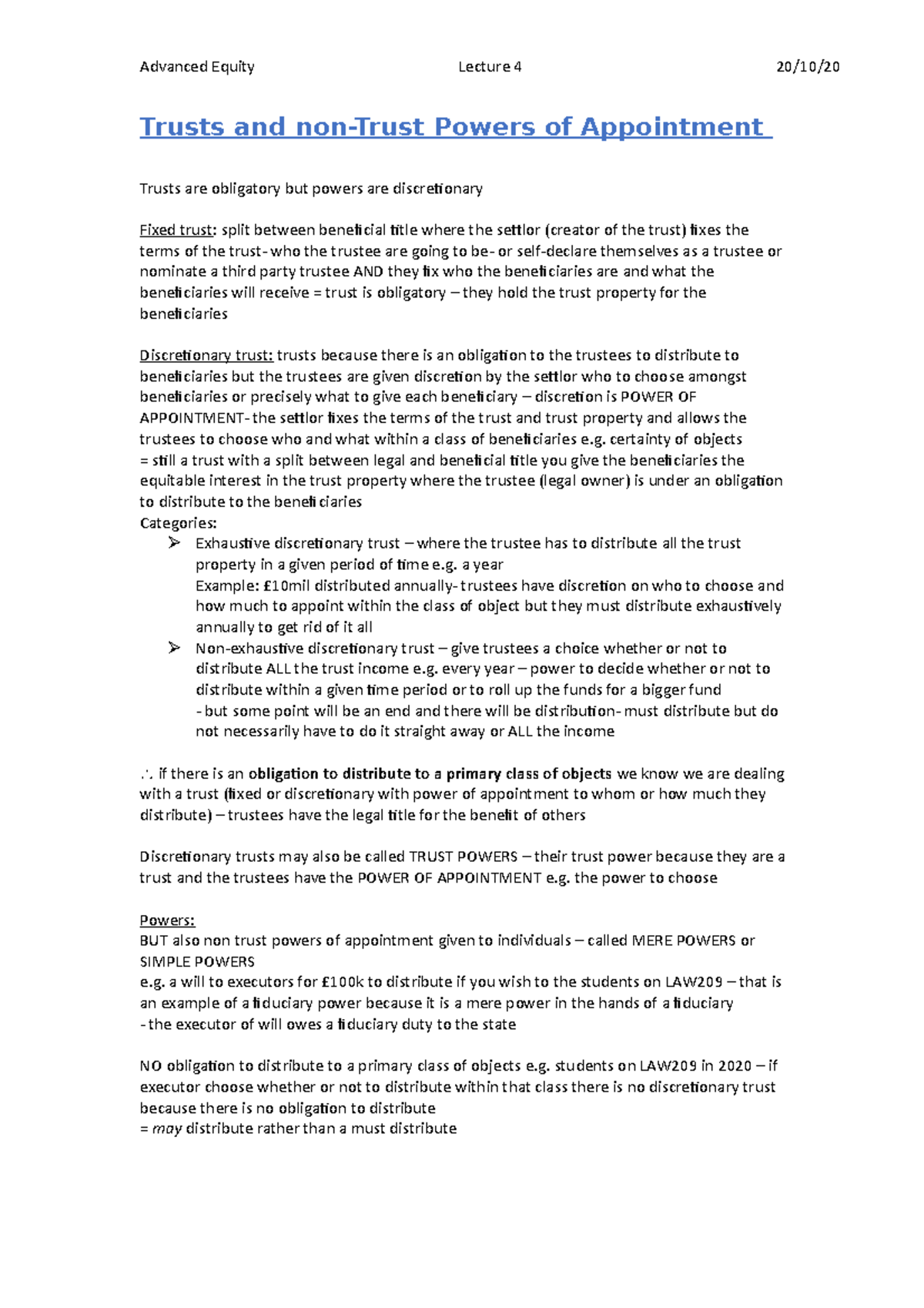 Advanced Equity Lecture 4 Trusts and Powers of Appointment - Studocu